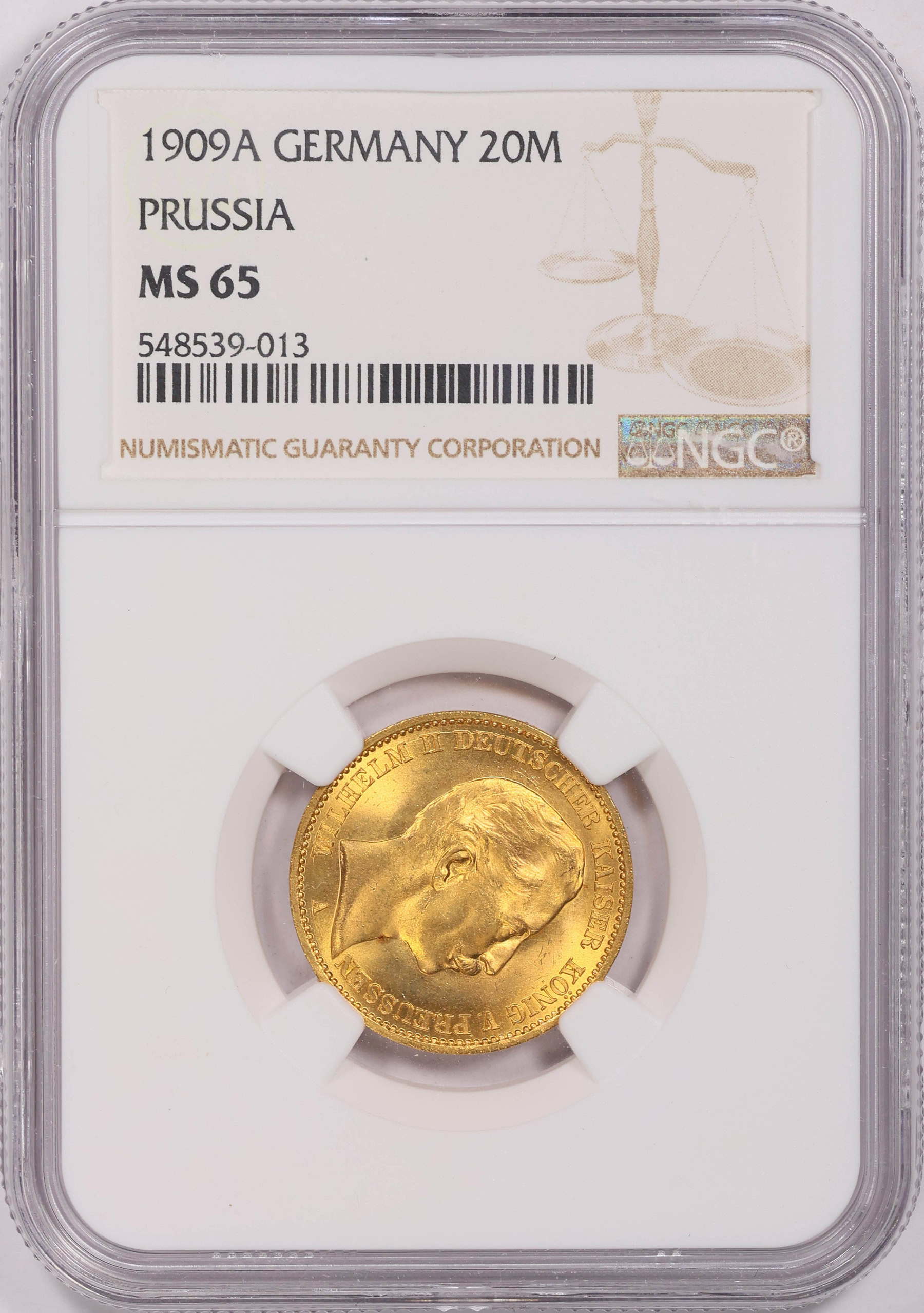 Germany - Prussia 1909-A Gold 20 Marks KM-521 NGC MS-65 (AGW = 0.2305 ...
