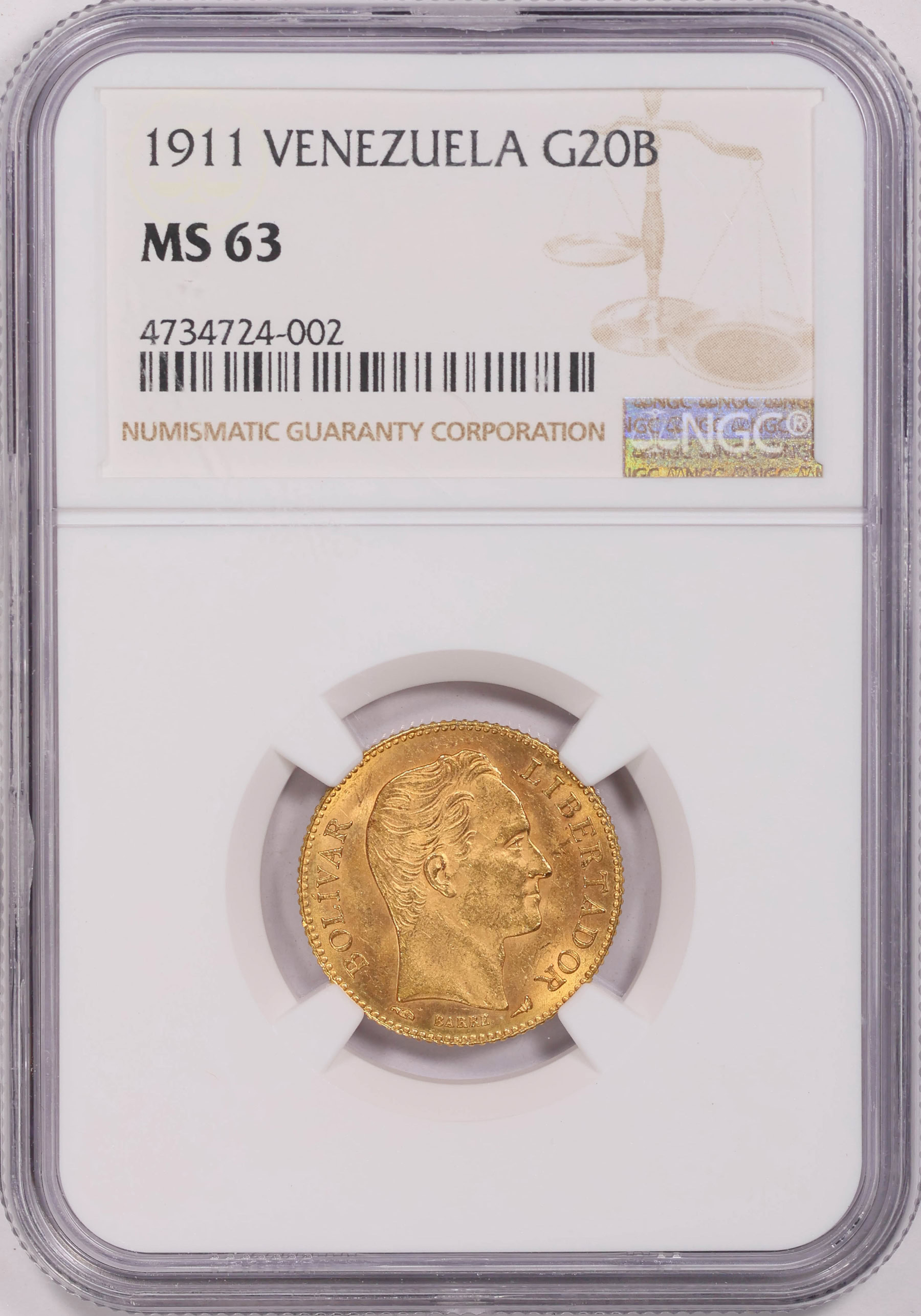 Venezuela 1911 Gold 20 Bolivares Type 1 Y-32 NGC MS-63 (AGW = 0.1867 oz ...
