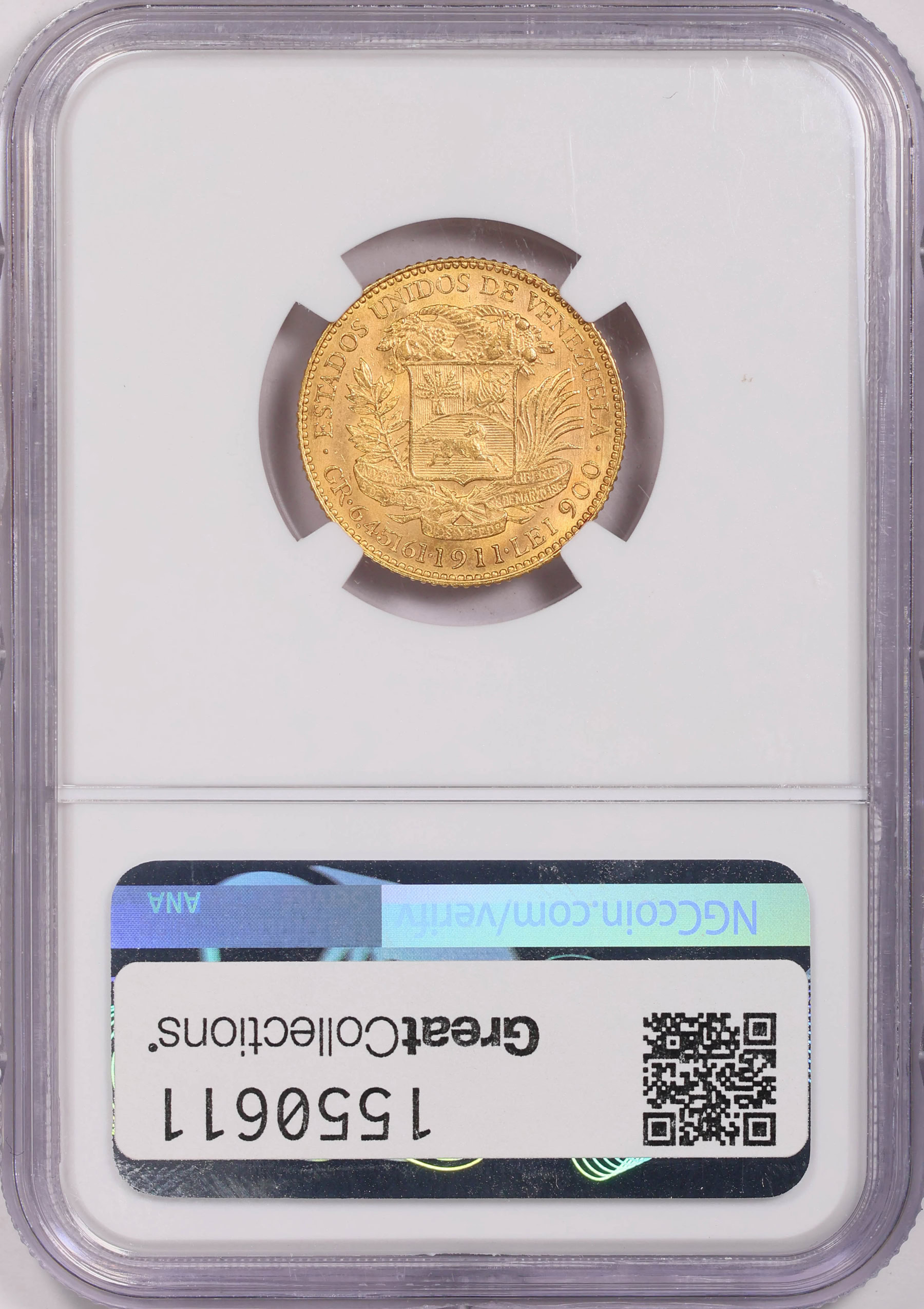 Venezuela 1911 Gold 20 Bolivares Type 1 Y-32 NGC MS-63 (AGW = 0.1867 oz.) | NGC Cert #4734724 ...