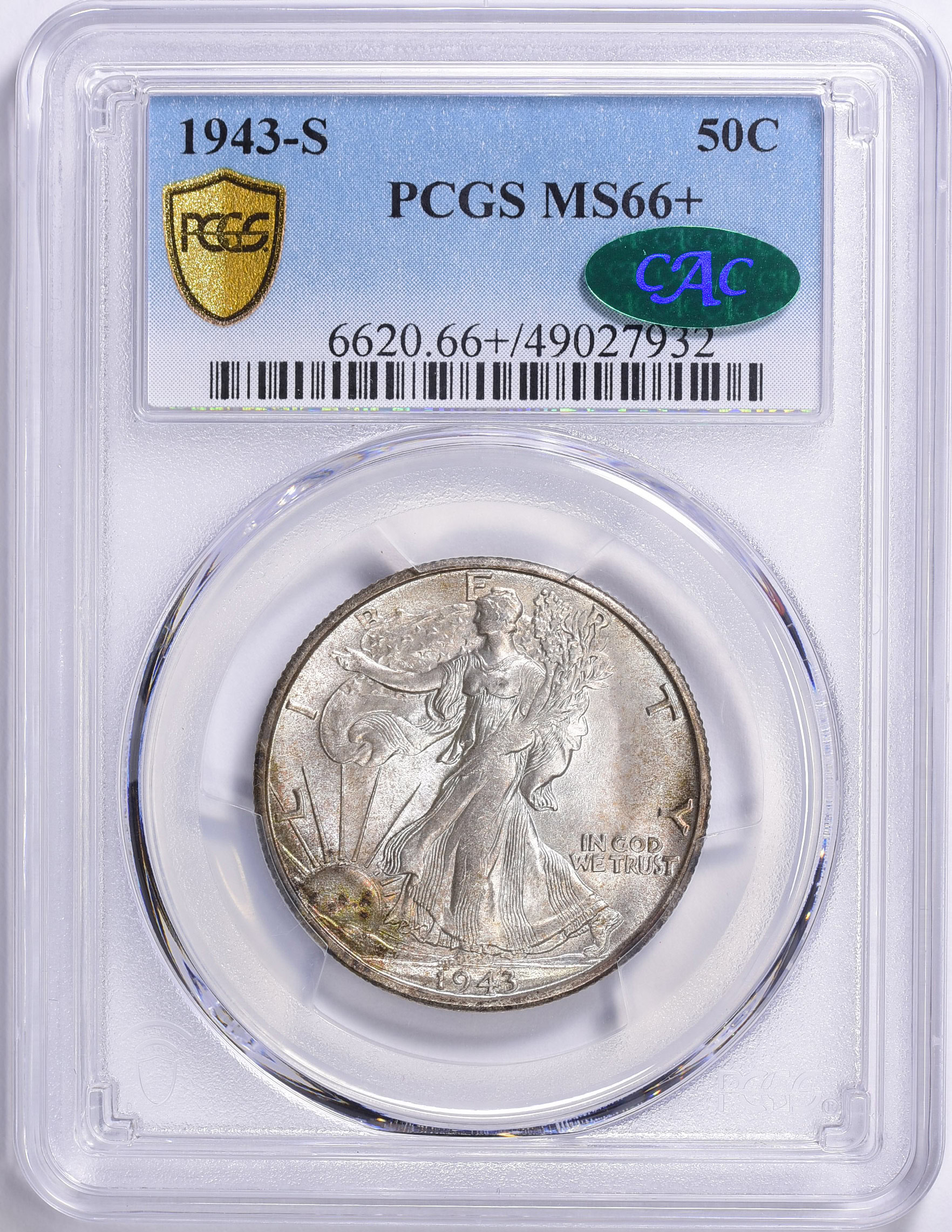 1943-S Walking Liberty Half Dollar PCGS MS-66+ (CAC Green) (Toned) (Item 1550808 ...