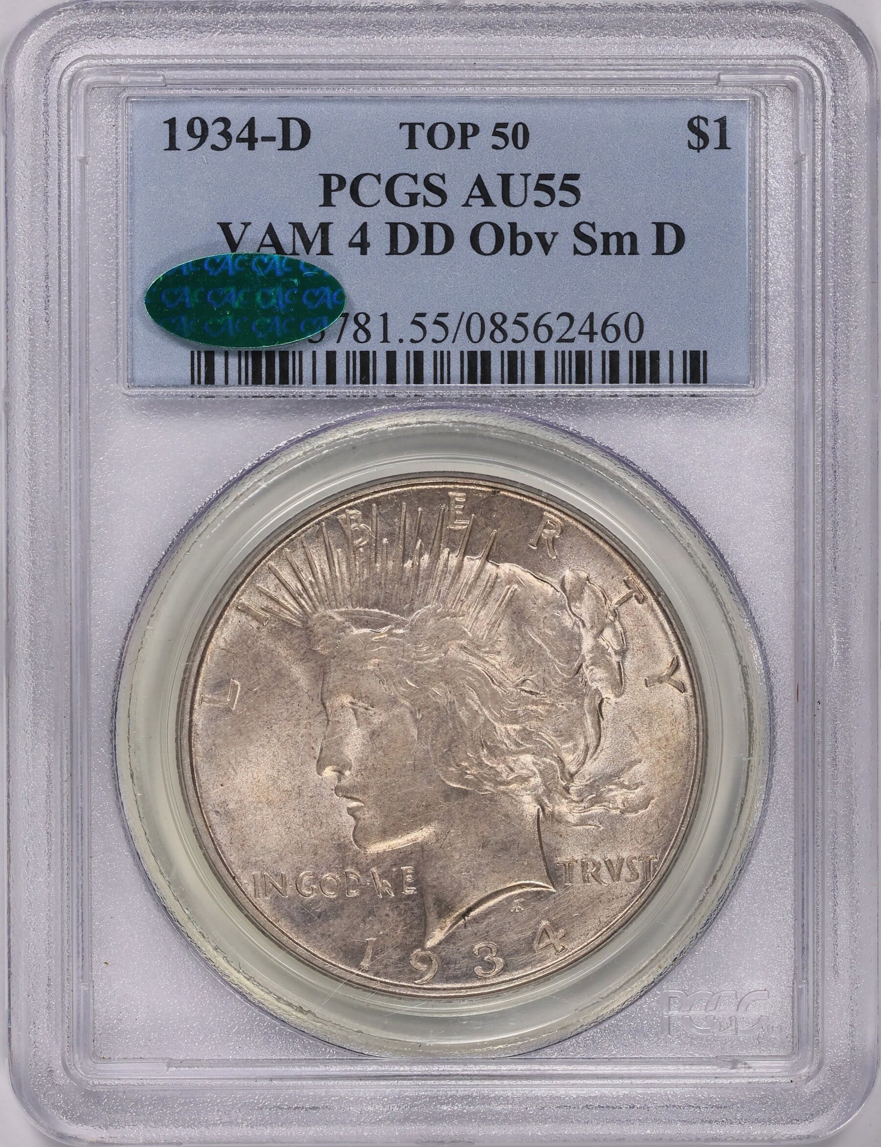 1934-D Peace Silver Dollar VAM-4 Doubled Die Obv Sm D Top 50 PCGS AU-55 (CAC Green) (Item ...