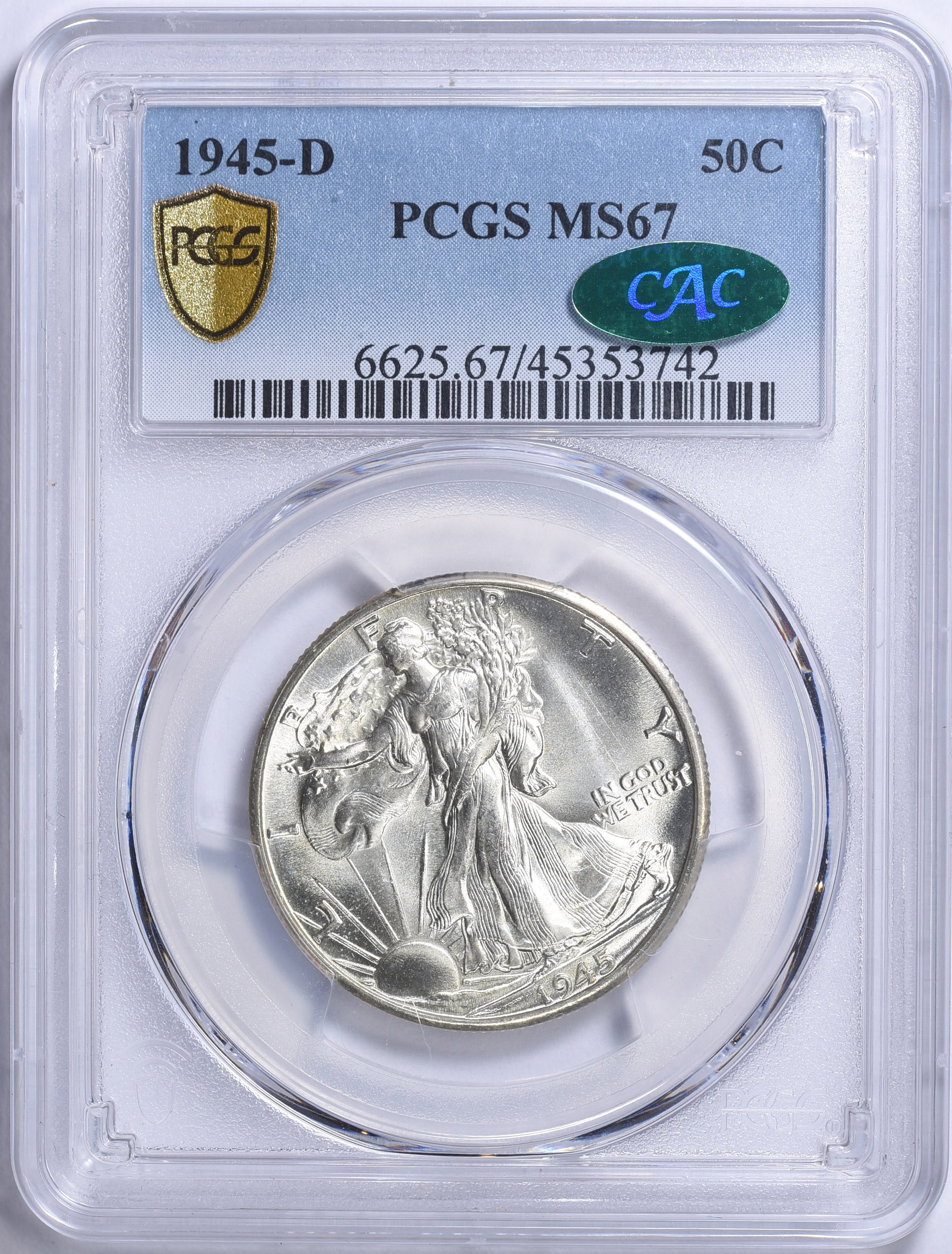 1945-D Walking Liberty Half Dollar PCGS MS-67 (CAC Green) (Item 1552114) | GreatCollections Coin ...