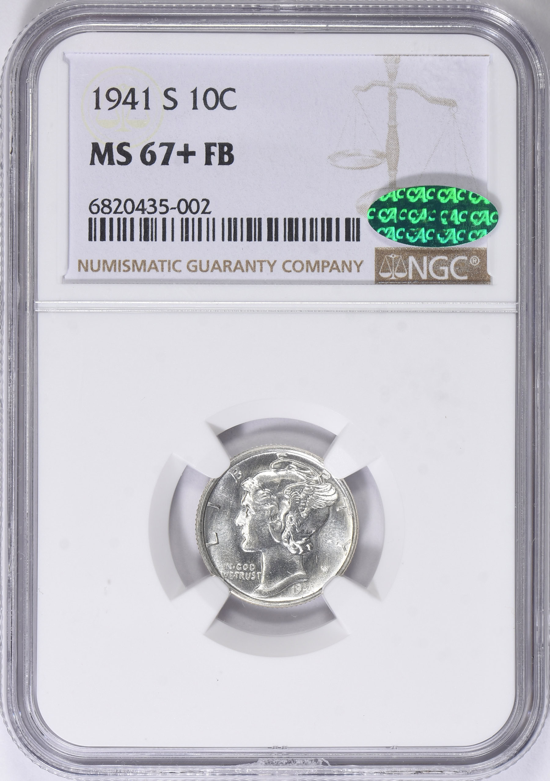 1941-S Mercury Dime NGC MS-67+ FB (CAC Green) (Item 1552801) | GreatCollections Coin Auctions