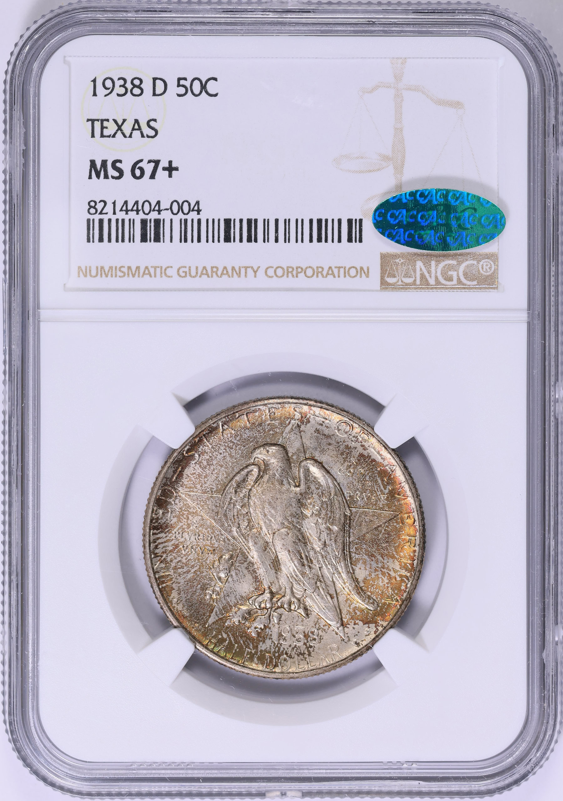 1938-D Texas Centennial Half Dollar NGC MS-67+ (CAC Green) (Toned ...