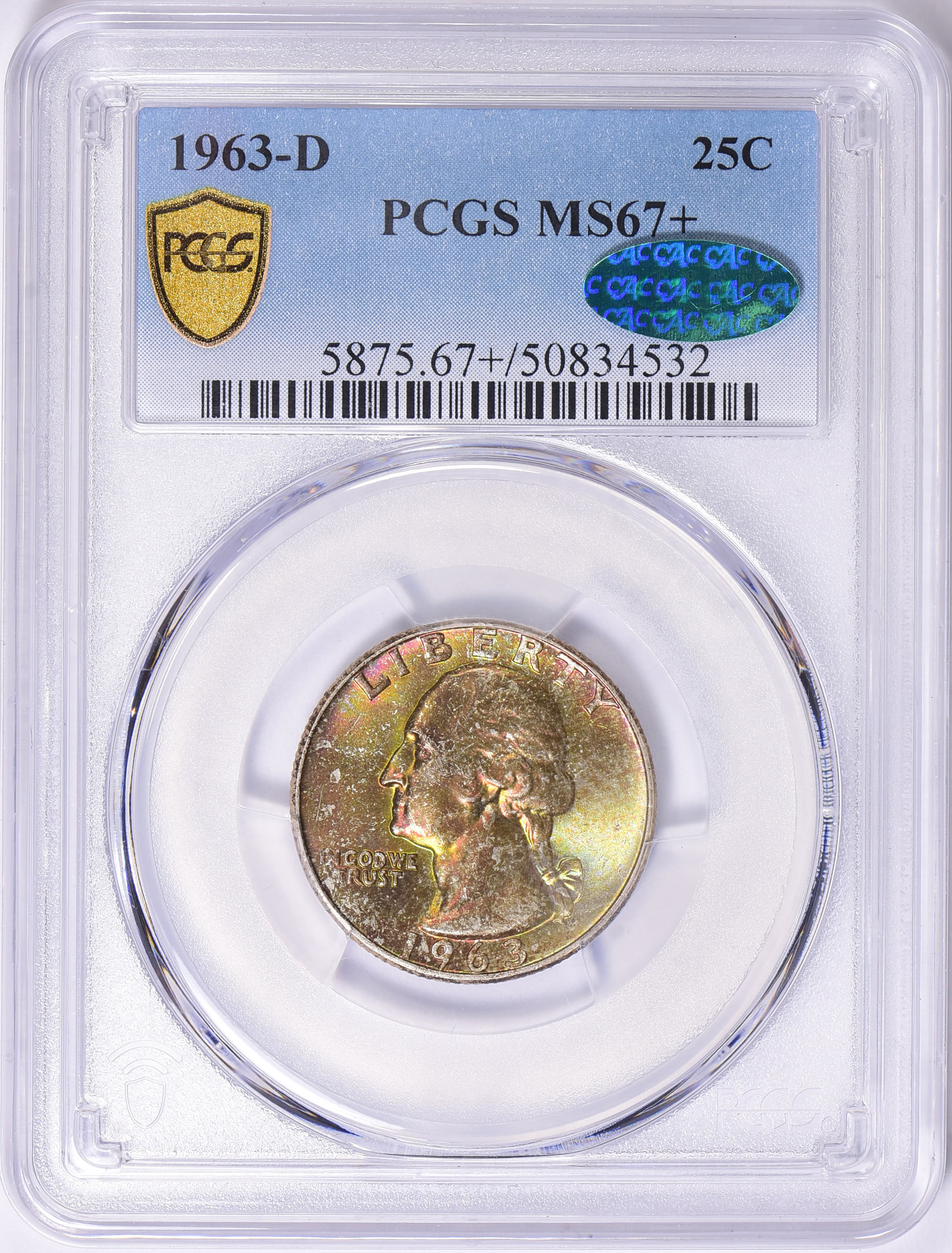 1963-D Washington Quarter PCGS MS-67+ (CAC Green) (Toned) (Item 1552826) | GreatCollections Coin ...