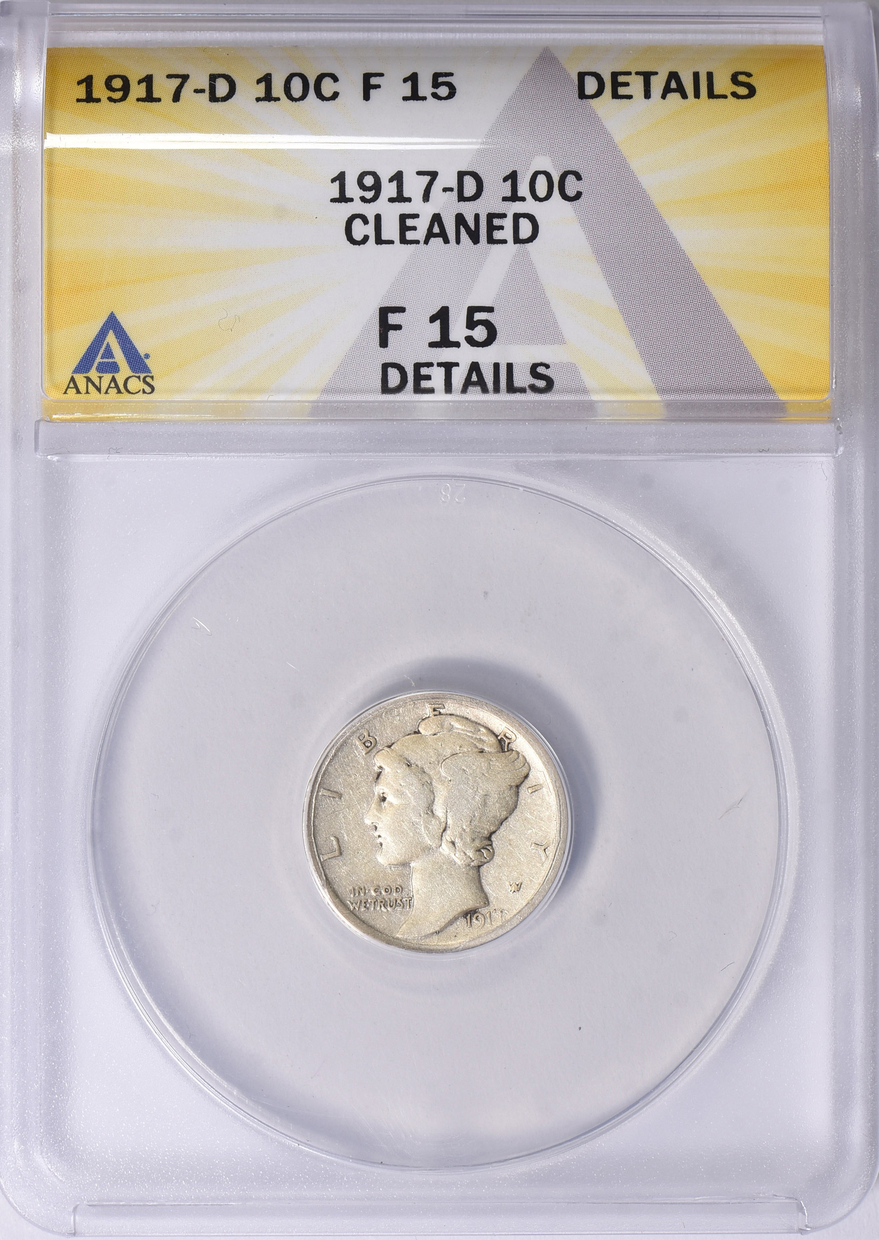 1917-D Mercury Dime ANACS F-15 Details (Item 1553822) | GreatCollections Coin Auctions