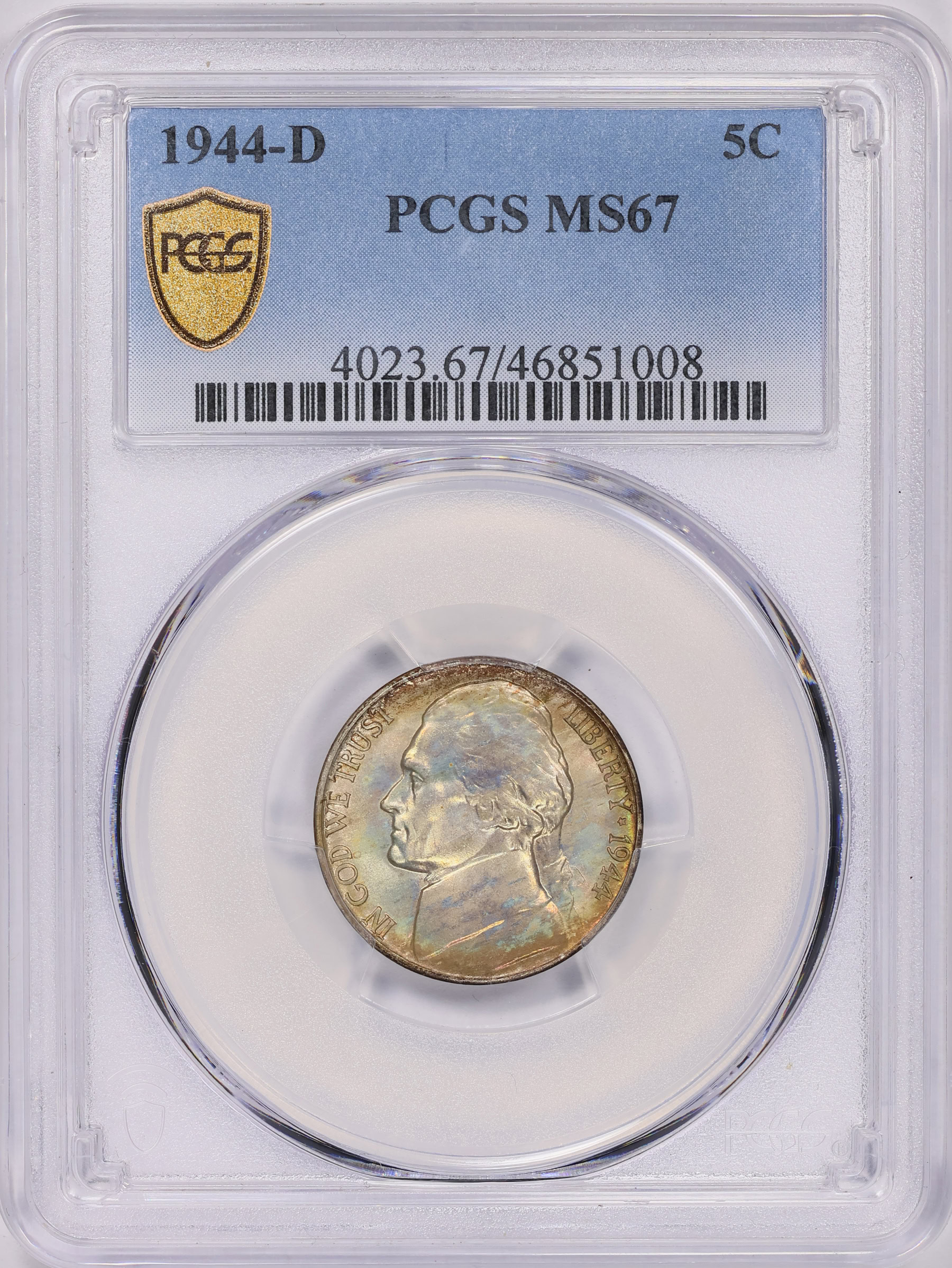 1944-D Jefferson Nickel PCGS MS-67 (Toned) (Item 1554520) | GreatCollections Coin Auctions