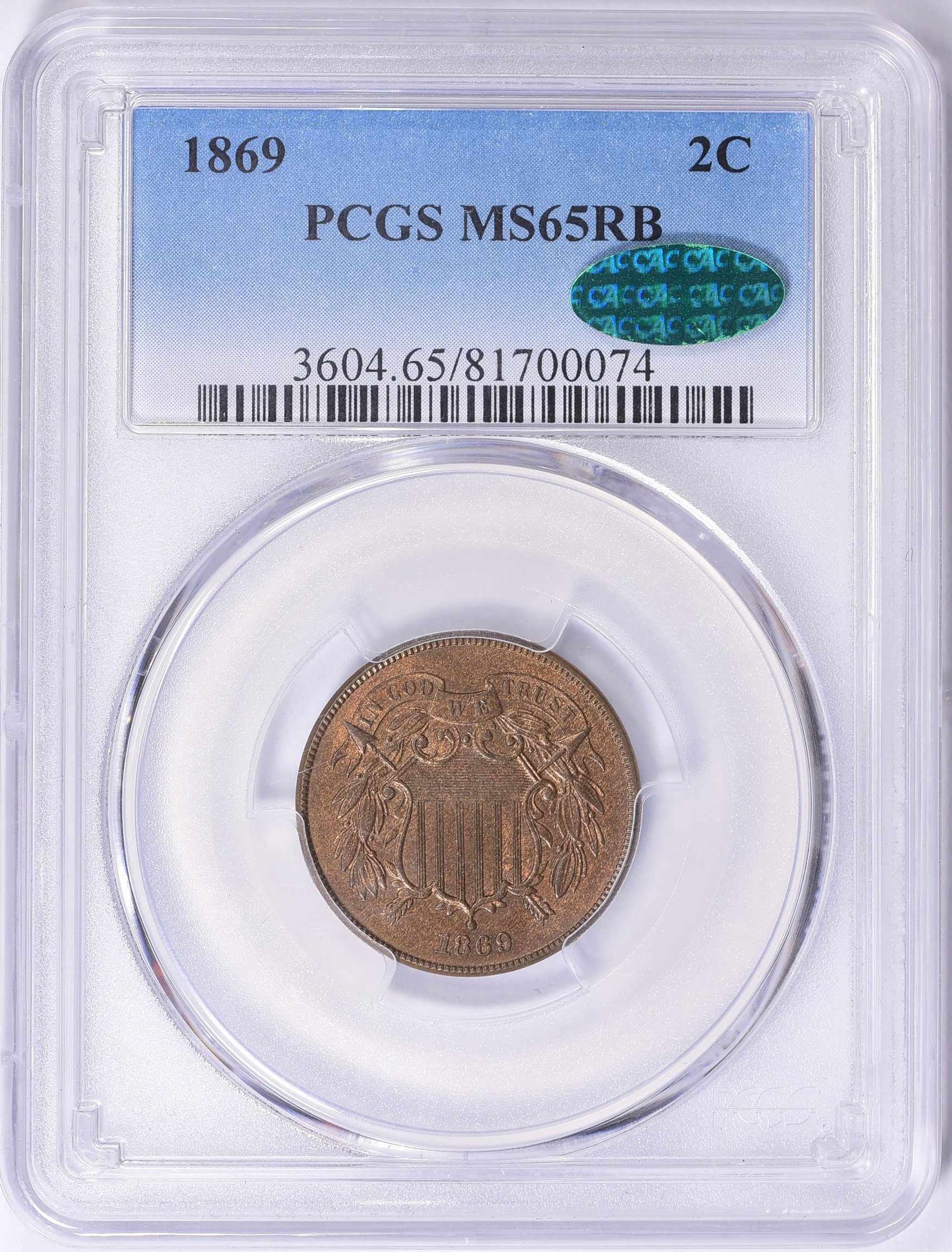 1869 Two-Cent Piece PCGS MS-65 RB (CAC Green) (Item 1555855 ...