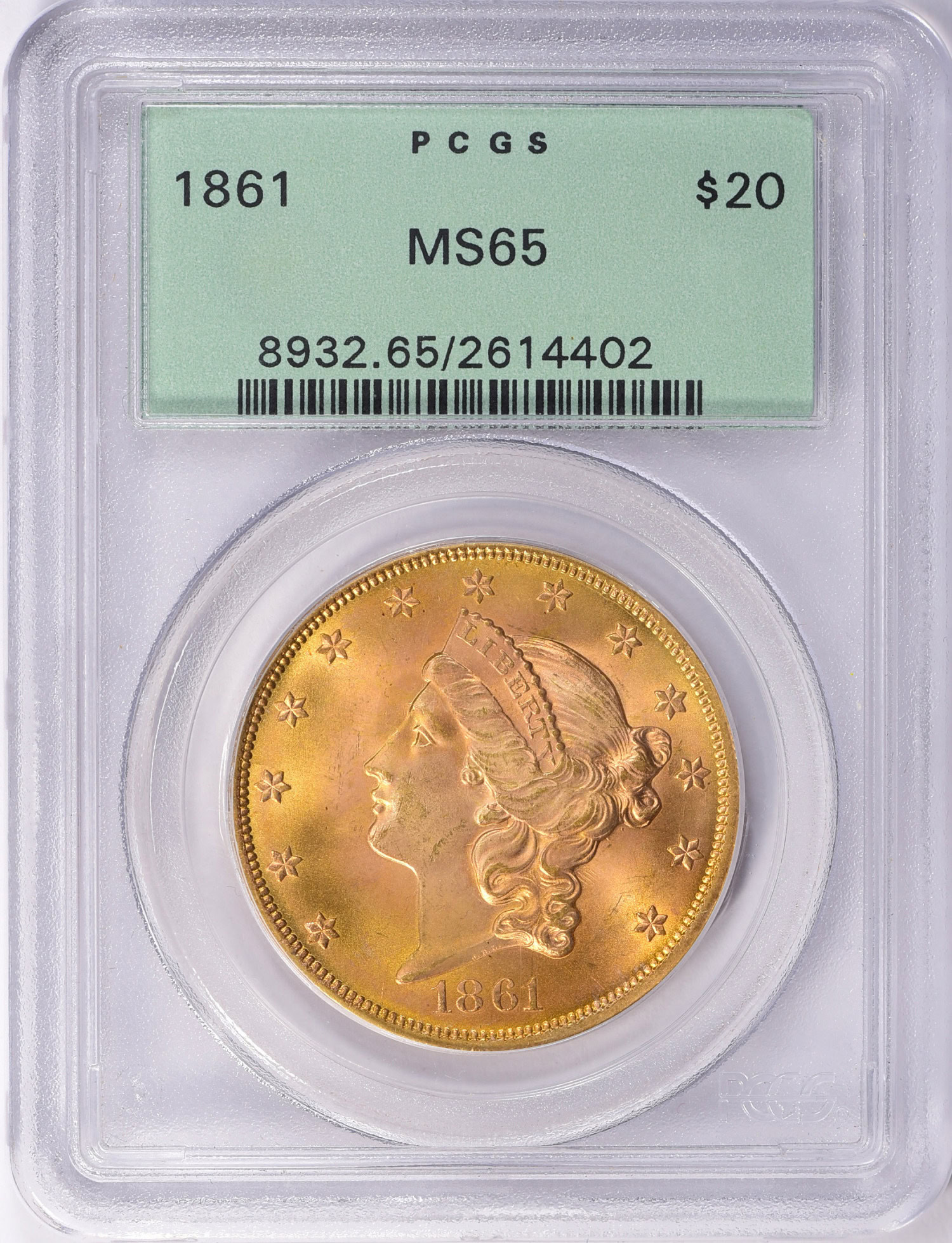 1861 Liberty Gold Double Eagle PCGS MS-65 OGH (Item 1556506) | GreatCollections Coin Auctions