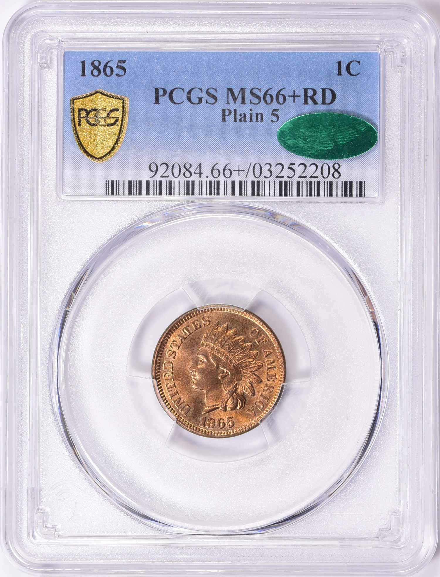 1865 Indian Cent Plain 5 PCGS MS-66+ RD (CAC Green) (Item 1556656) | GreatCollections Coin Auctions