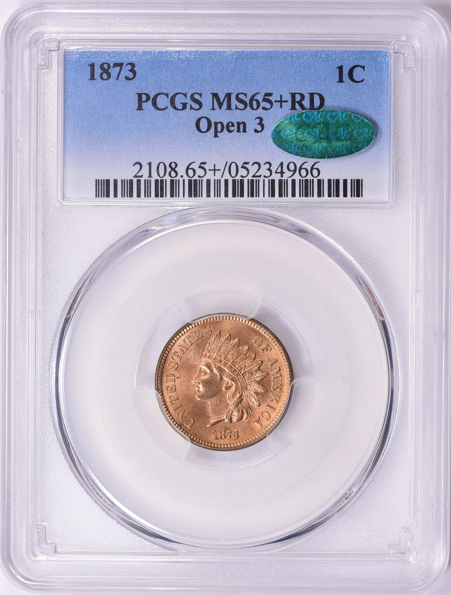 1873 Indian Cent Open 3 PCGS MS-65+ RD (CAC Green) (Item 1556658) | GreatCollections Coin Auctions