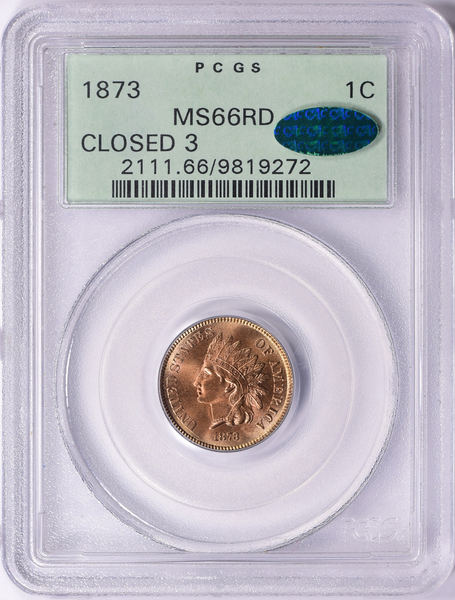 1873 Indian Cent Closed 3 PCGS MS-66 RD (CAC Green) OGH (Item 1556660) | GreatCollections Coin ...