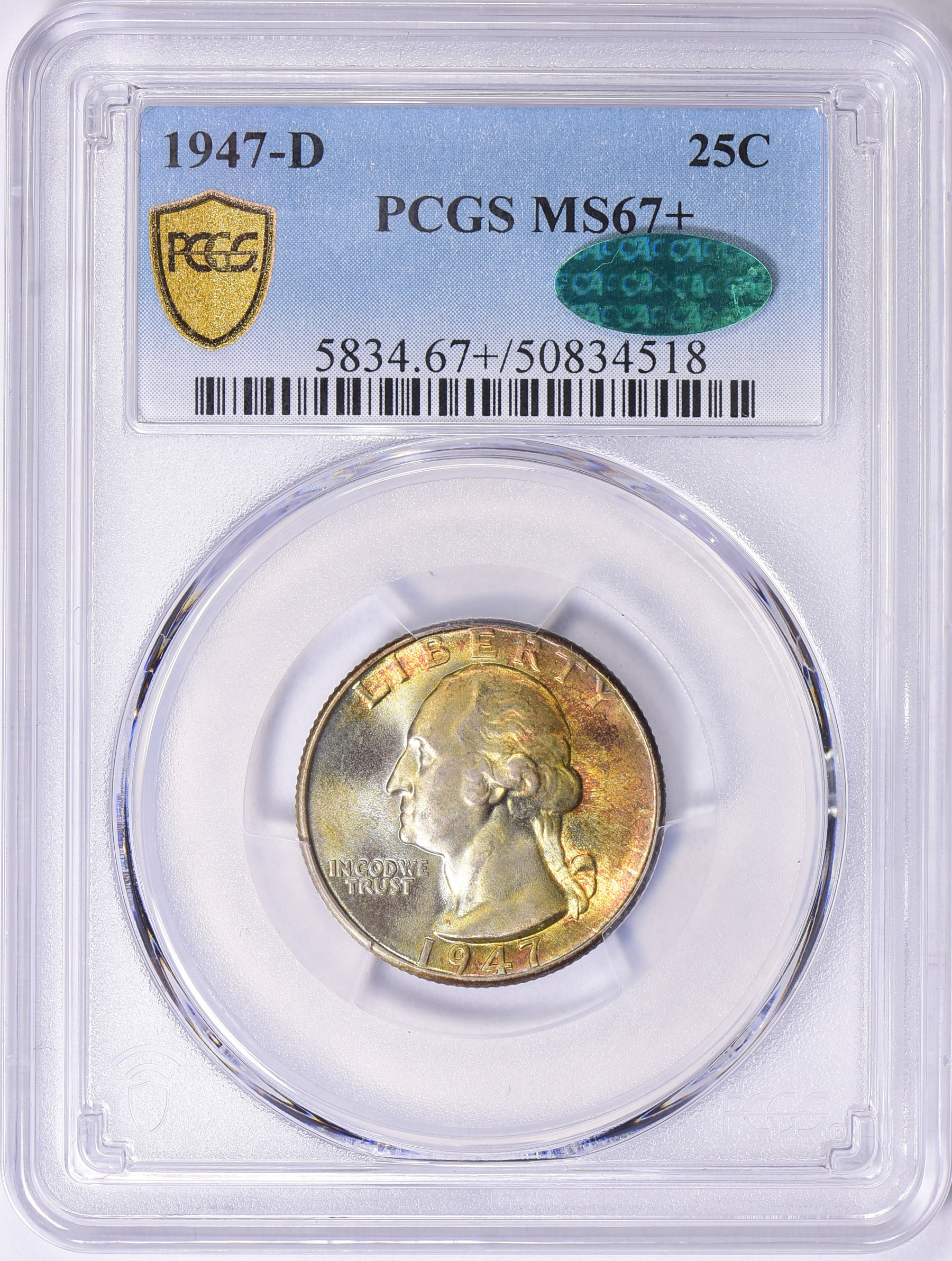 1947-D Washington Quarter PCGS MS-67+ (CAC Green) (Toned) (Item 1557356) | GreatCollections Coin ...