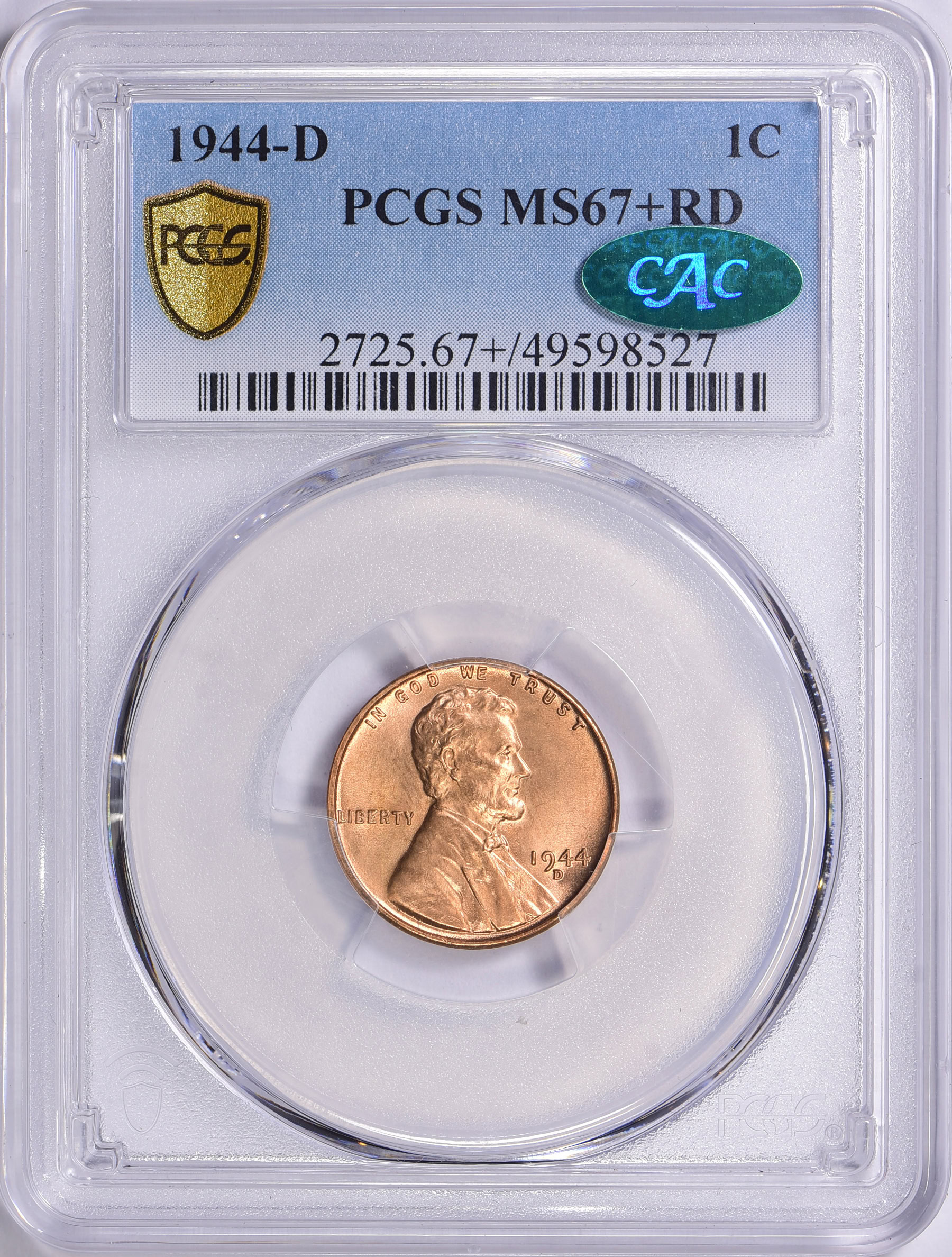 1944-D Lincoln Cent PCGS MS-67+ RD (CAC Green) (Item 1557364) | GreatCollections Coin Auctions