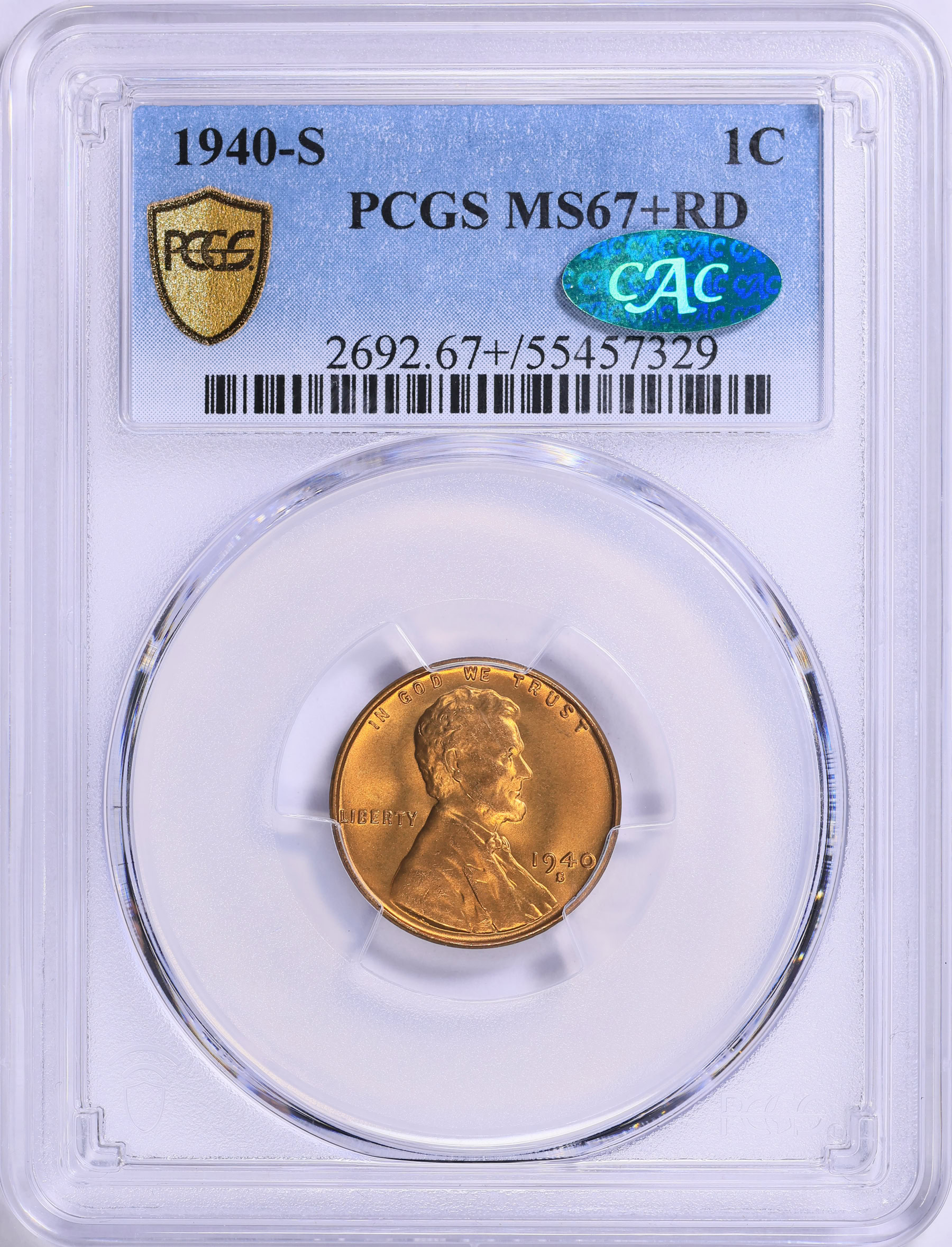 1940-S Lincoln Cent PCGS MS-67+ RD (CAC Green) (Toned) (Item 1557374) | GreatCollections Coin ...