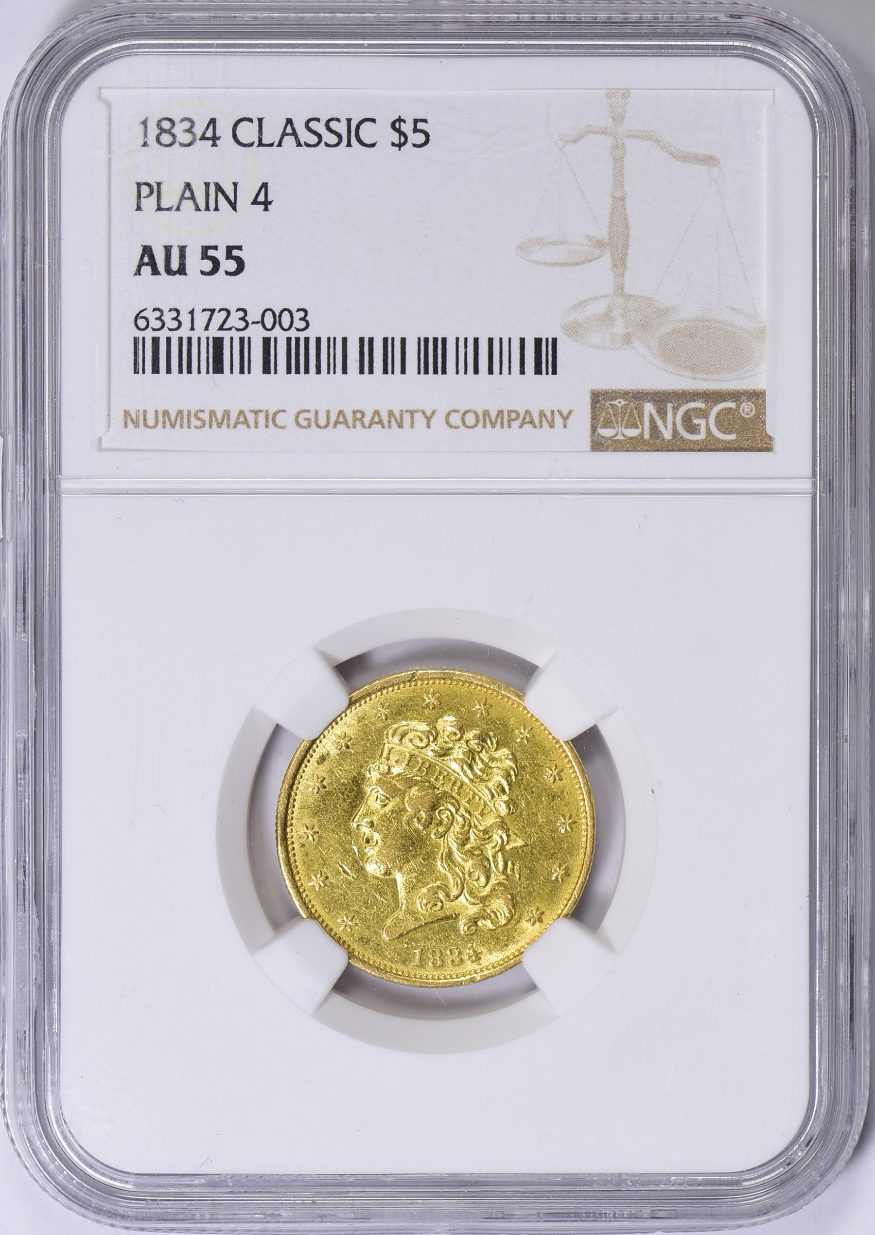 1834 Classic Gold Half Eagle Plain 4 NGC AU-55 (Item 1557851) | GreatCollections Coin Auctions