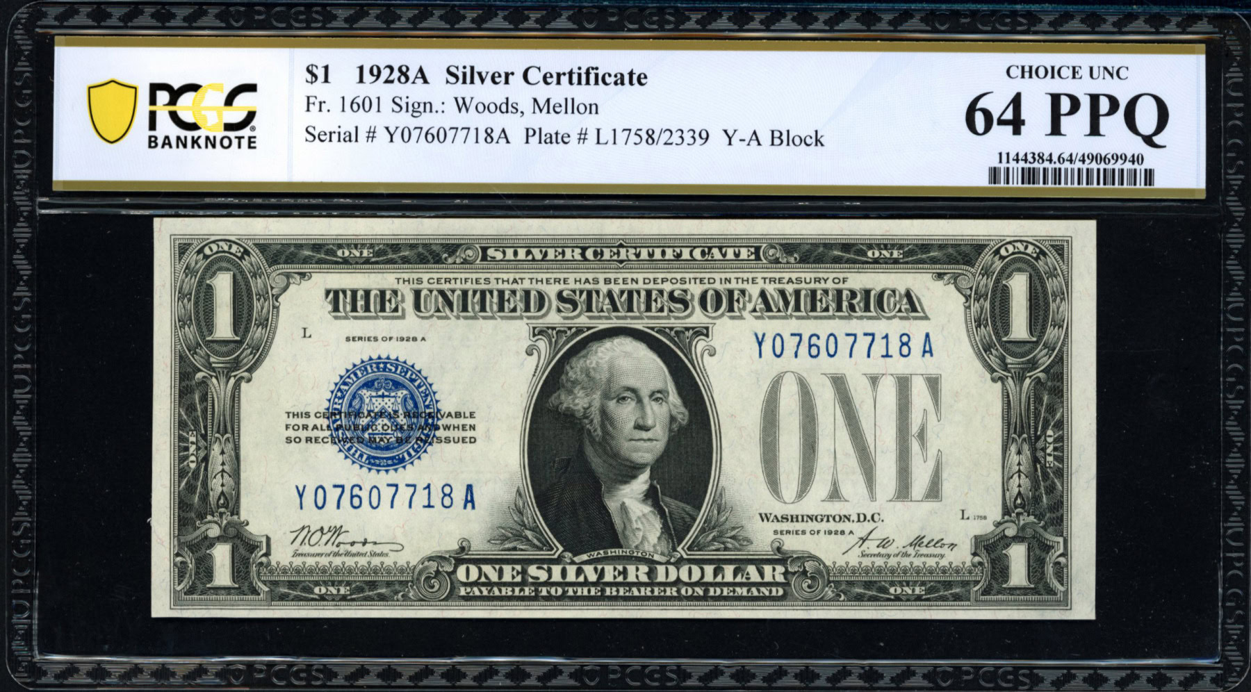 Fr. 1601 (YA Block) 1928A $1 Silver Certificate Note Woods / Mellon ...