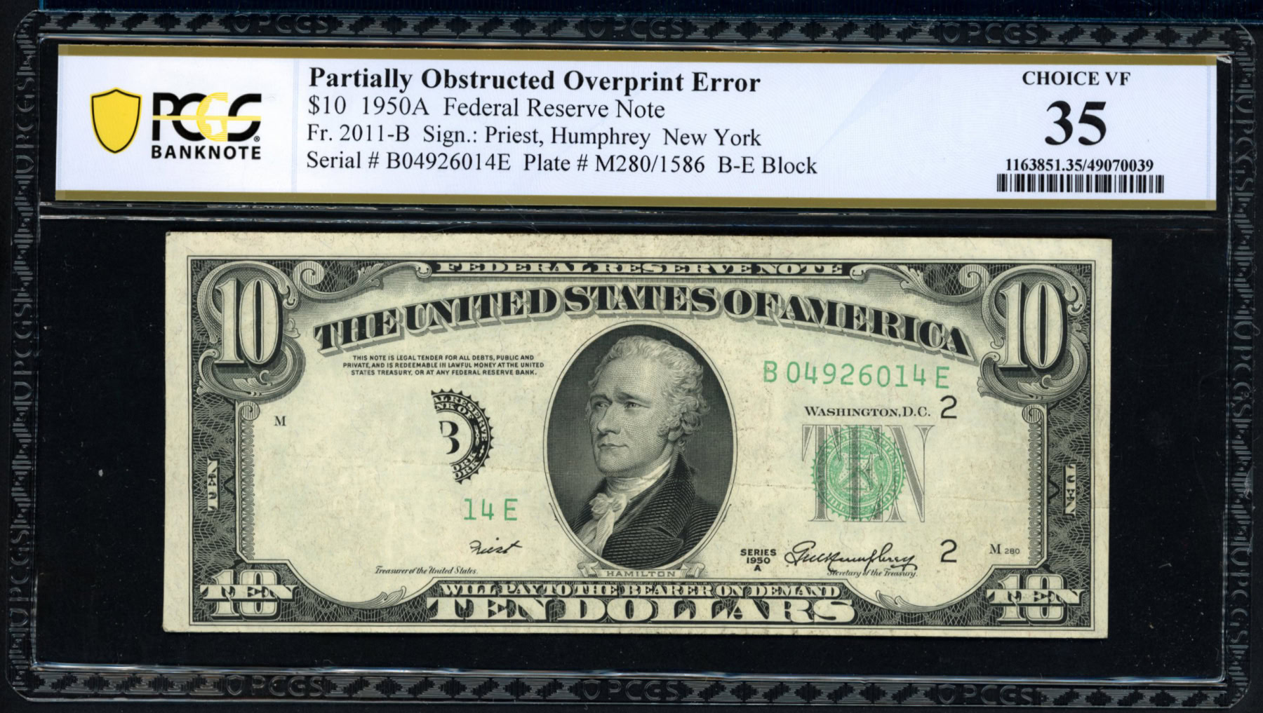 Fr. 2011-B (BE Block) 1950A $10 New York Federal Reserve Error Note ...