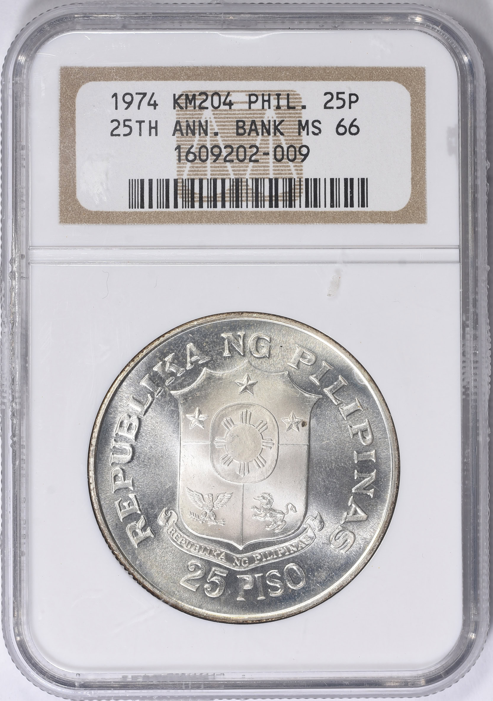 Philippines 1974 Silver 25 Piso 25th Anniversary of Bank NGC MS-66 ...