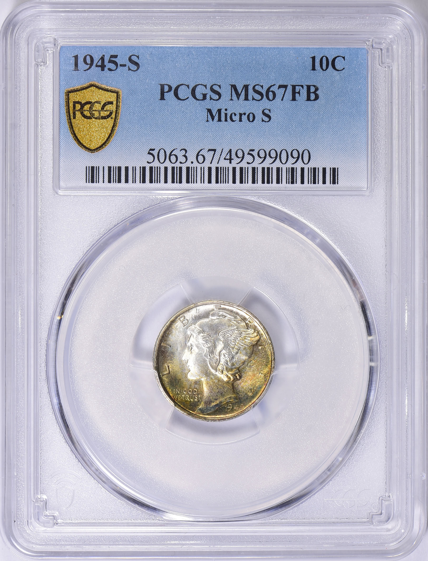1945-S Mercury Dime Micro S PCGS MS-67 FB (Toned) (Item 1561028) | GreatCollections Coin Auctions