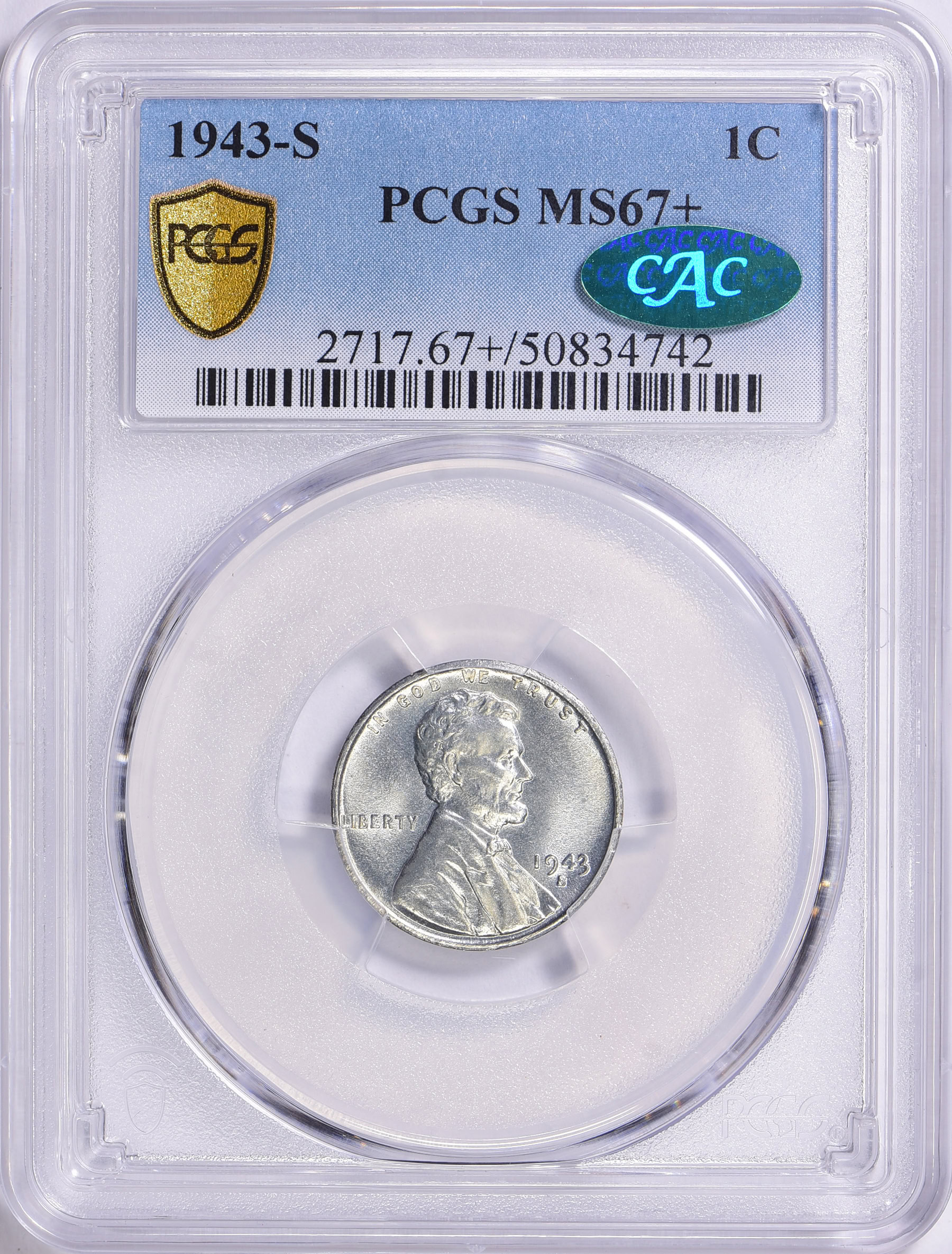 1943-S Lincoln Cent PCGS MS-67+ (CAC Green) (Toned) (Item 1561048) | GreatCollections Coin Auctions