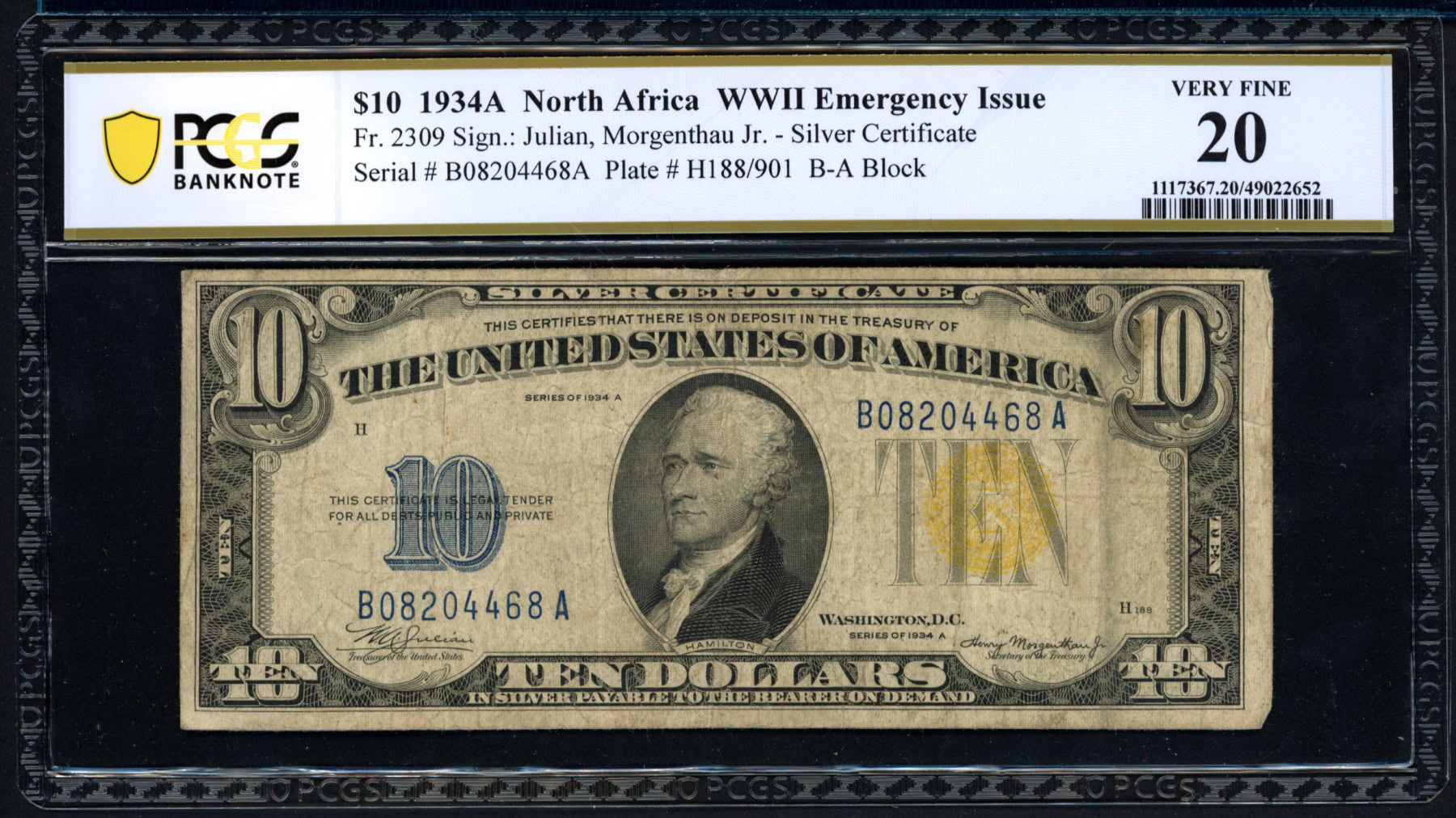 Fr. 2309 (BA Block) 1934A $10 N. Africa WWII Emergency Issue Note ...
