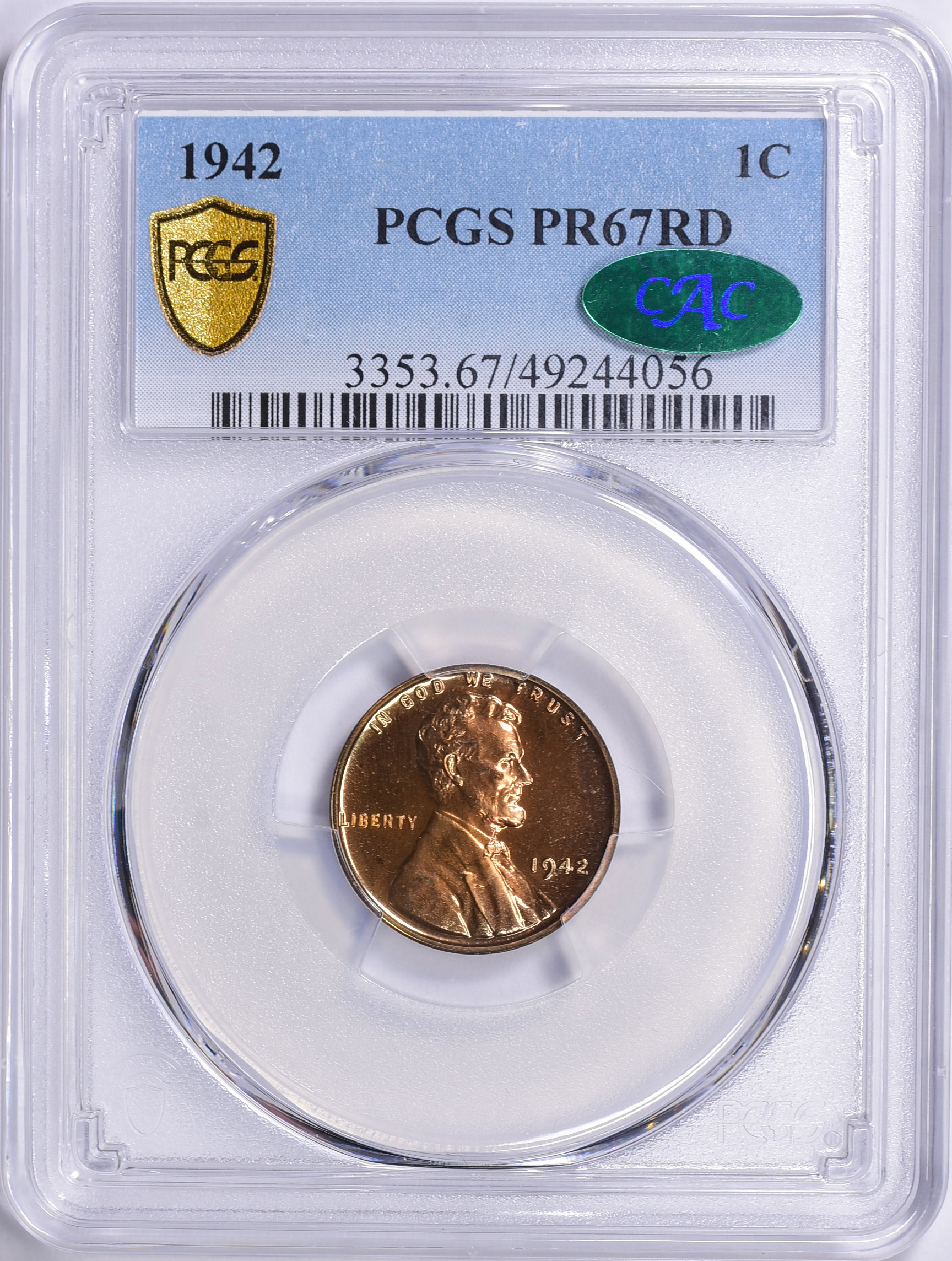1942 Lincoln Cent PCGS Proof-67 RD (CAC Green) (Item 1563202) | GreatCollections Coin Auctions