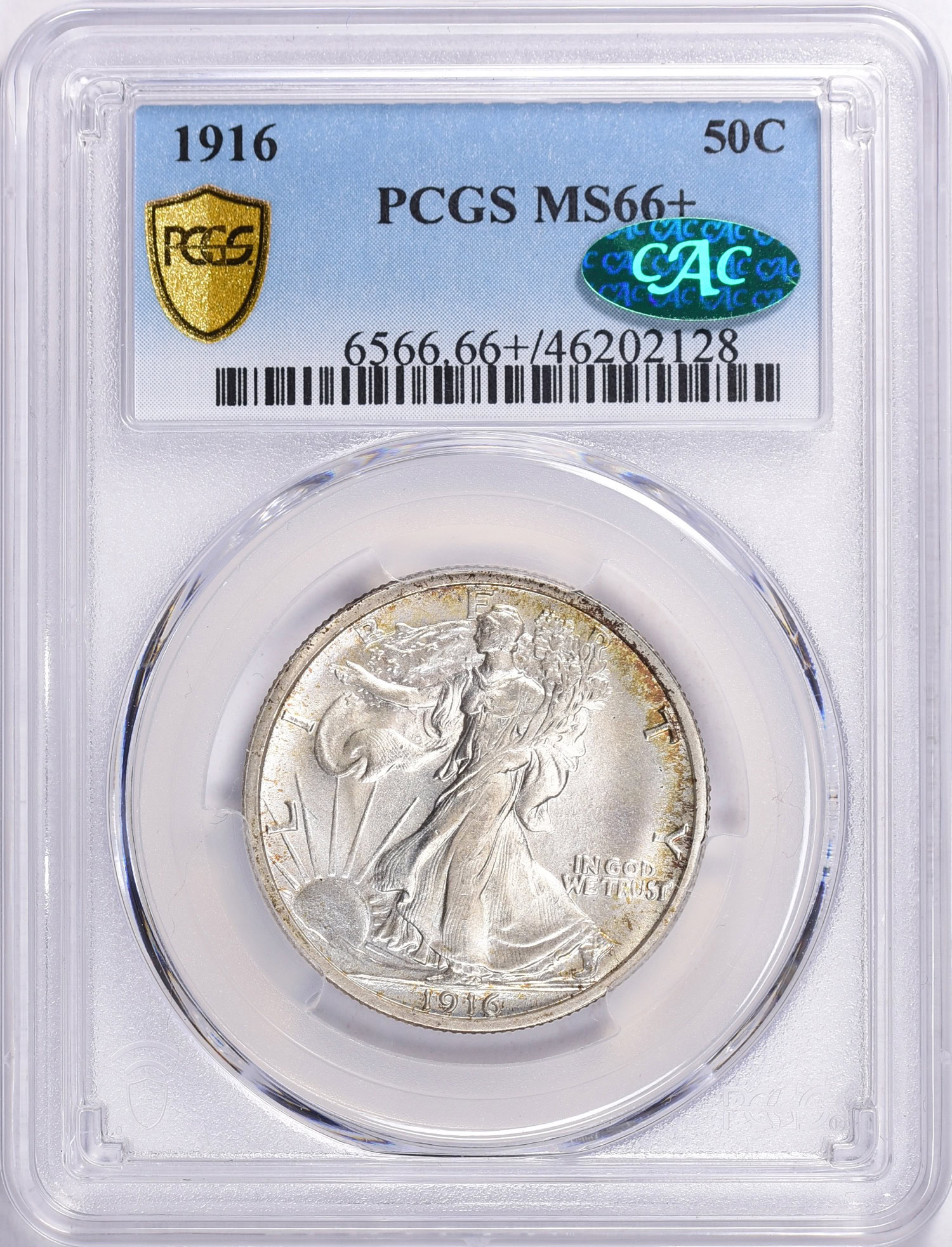 1916 Walking Liberty Half Dollar PCGS MS-66+ (CAC Green) (Toned) (Item ...