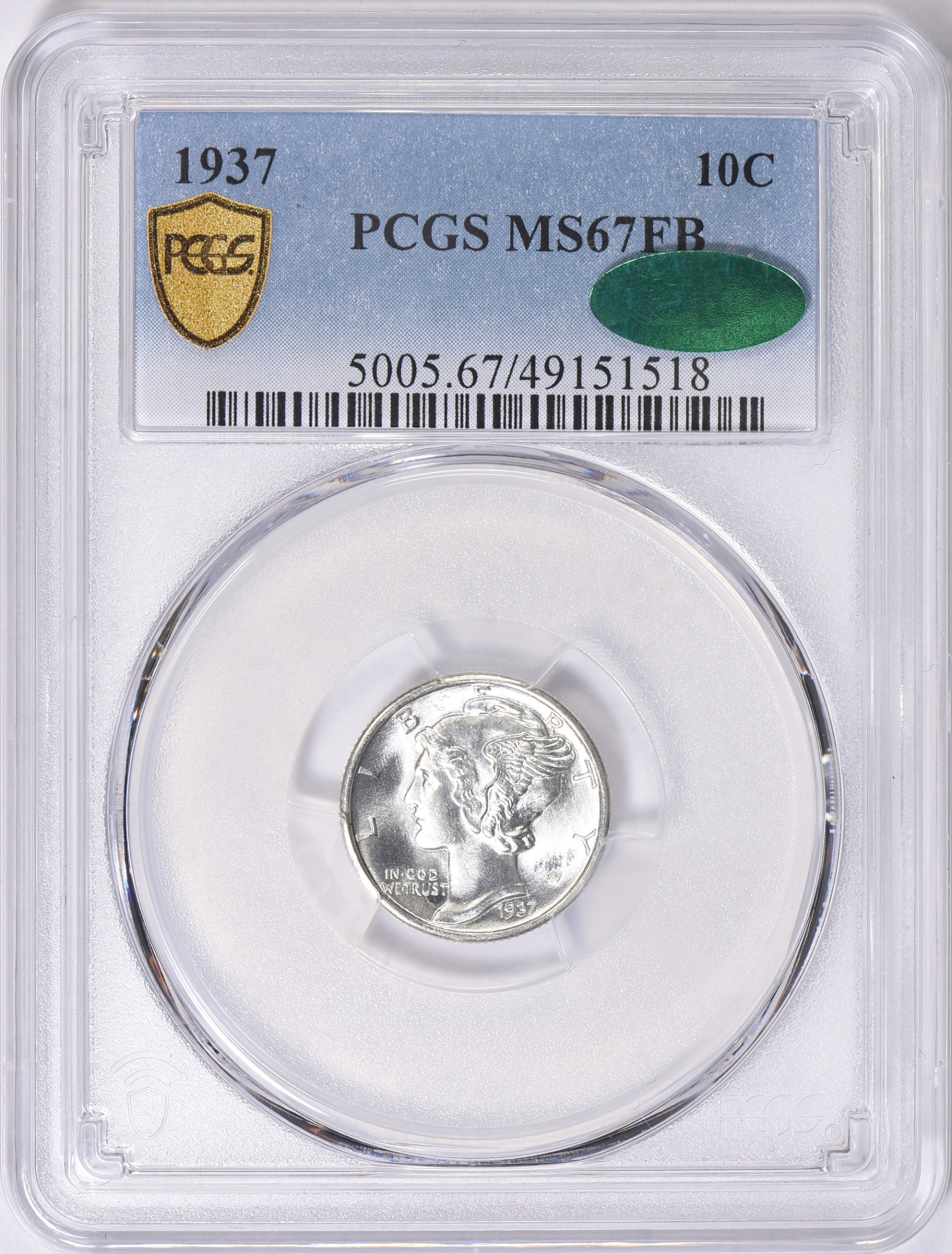 1937 Mercury Dime PCGS MS-67 FB (CAC Green) (Item 1564338) | GreatCollections Coin Auctions