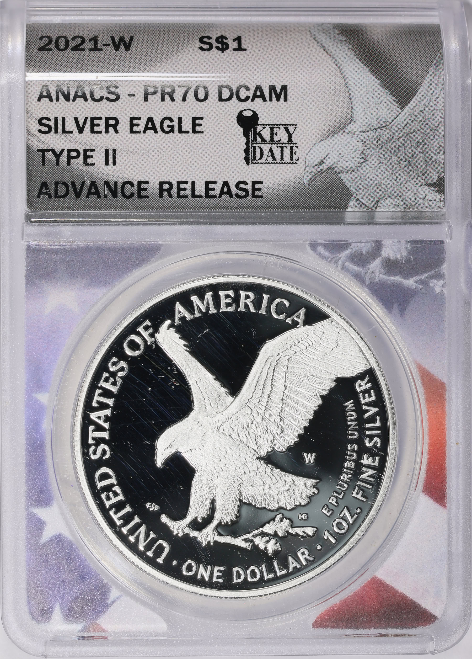 2021-W $1 Silver Eagle Type 2 Advance Release ANACS Proof-70 DCAM (Flag Frame Holder) (Item ...