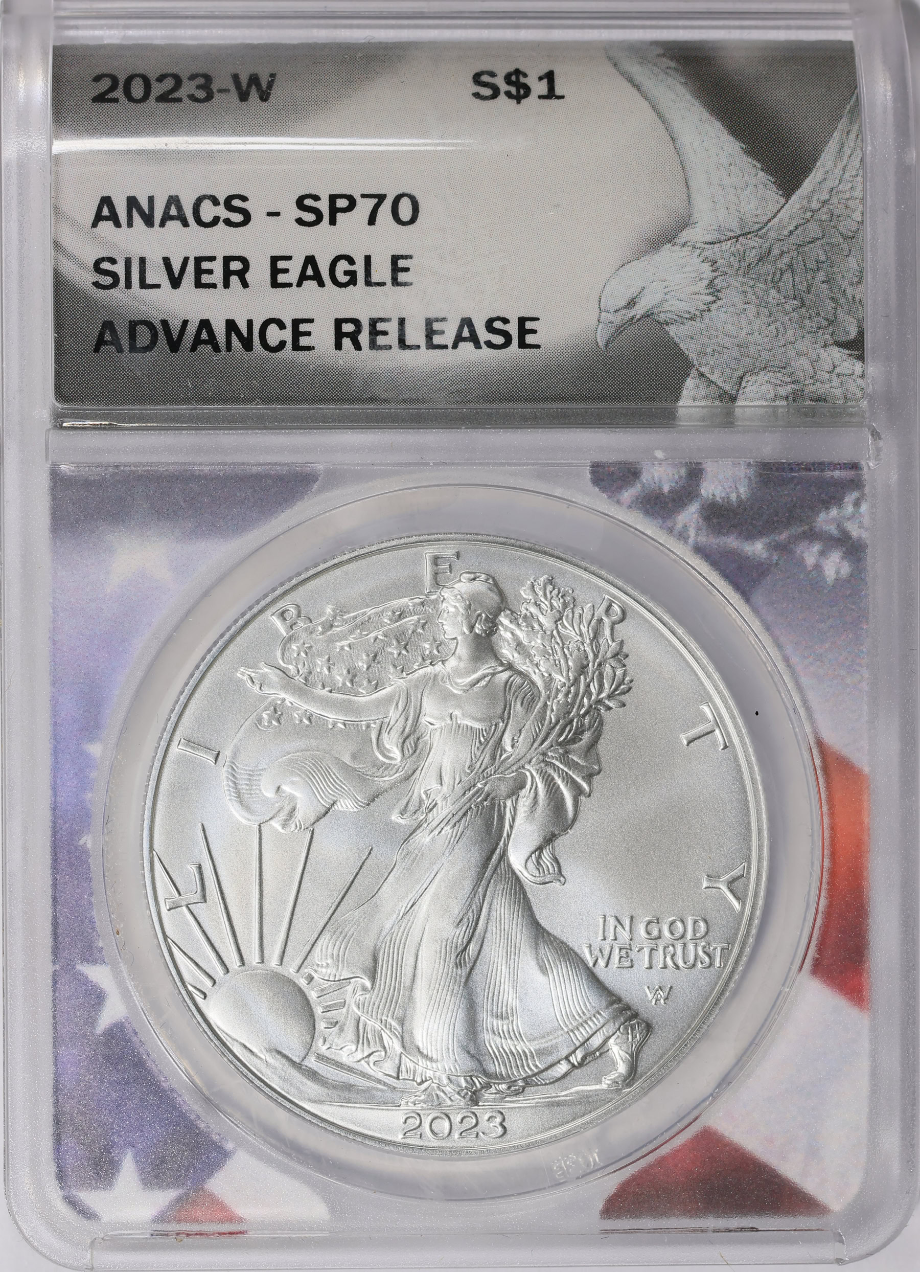 2023-W $1 Silver Eagle Burnished Advance Release ANACS SP-70 (Flag Frame Holder) | ANACS Cert ...