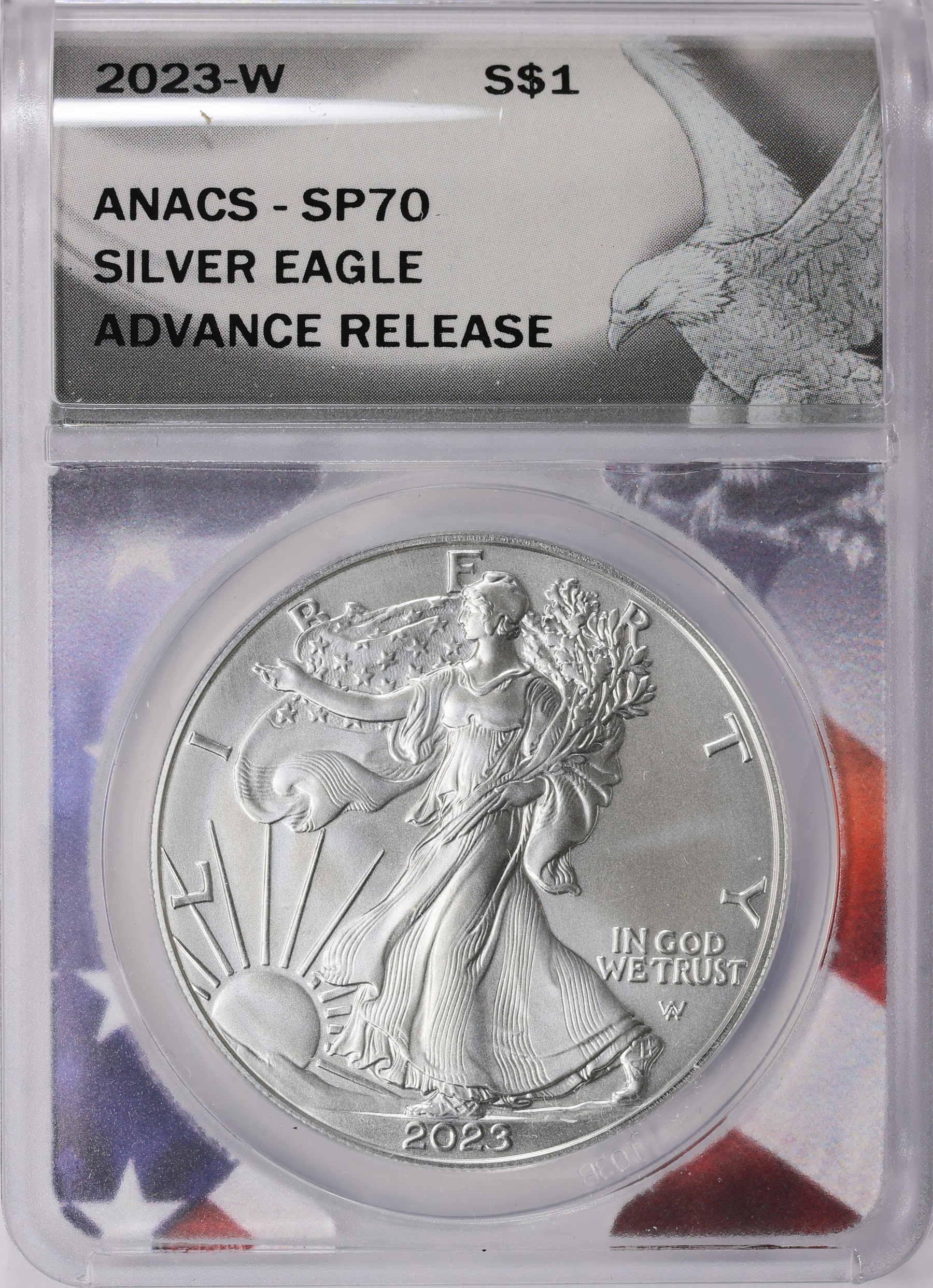 2023-W $1 Silver Eagle Burnished Advance Release ANACS SP-70 (Flag Frame Holder) | ANACS Cert ...