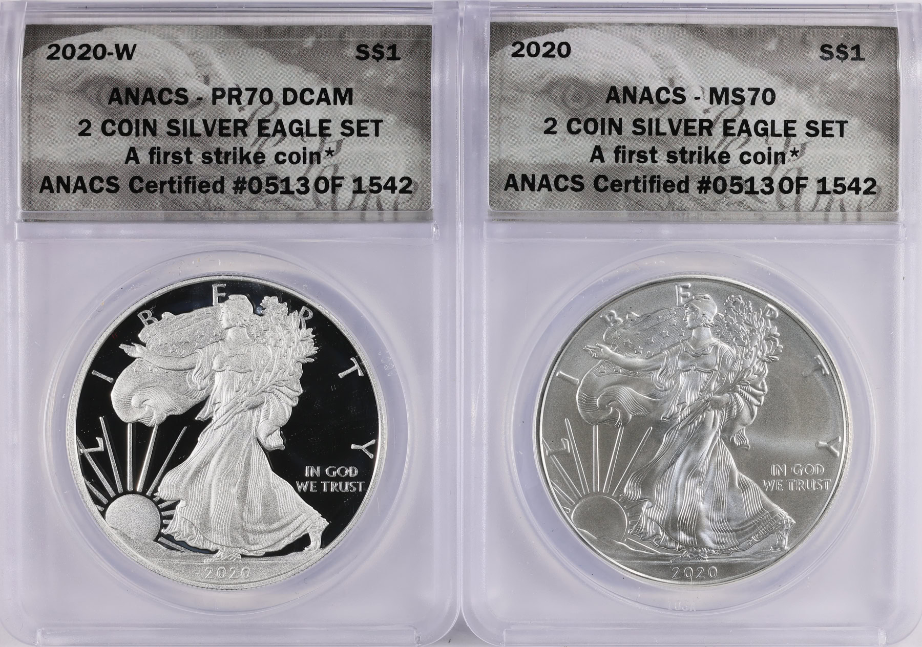 2020-W and 2020 $1 Silver Eagle First Strike ANACS Proof-70 DCAM/MS-70 ...