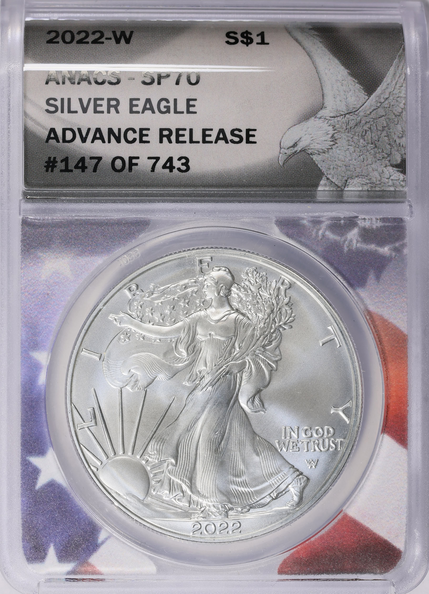 2022-W $1 Silver Eagle Burnished Advance Release ANACS SP-70 (Flag Frame Holder) (Item 1566595 ...