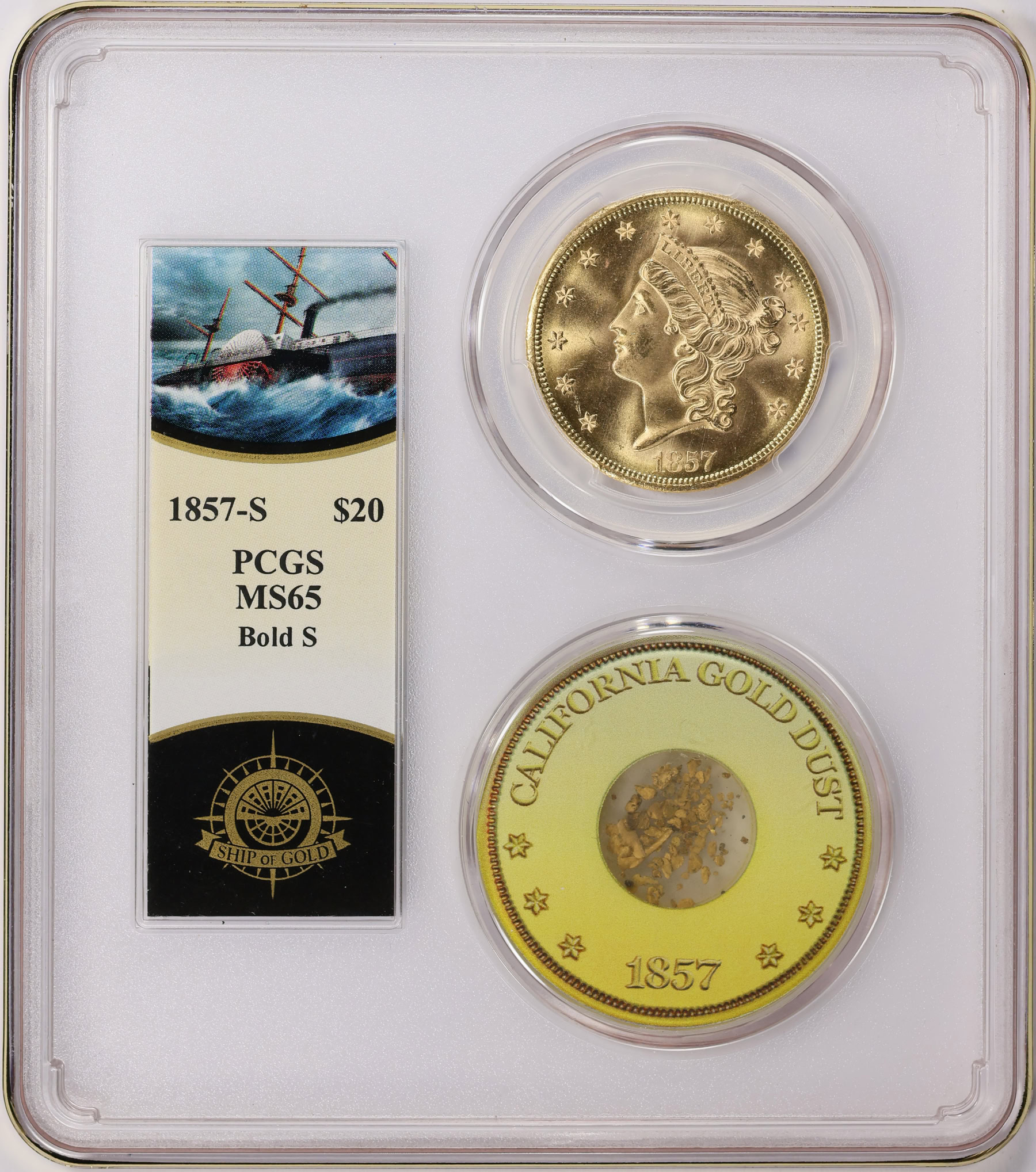 1857-S Liberty Gold Double Eagle Bold S Shipwreck S.S. Central America PCGS MS-65 (With One ...