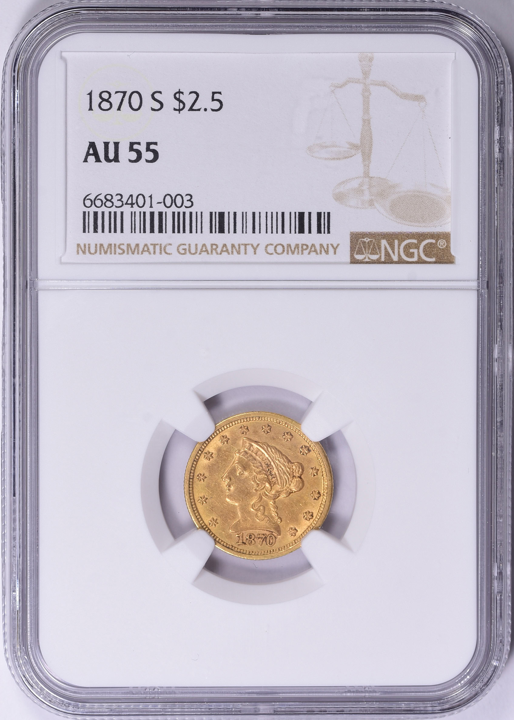 1870-S Liberty Gold Quarter Eagle NGC AU-55 (Item 1567113) | GreatCollections Coin Auctions