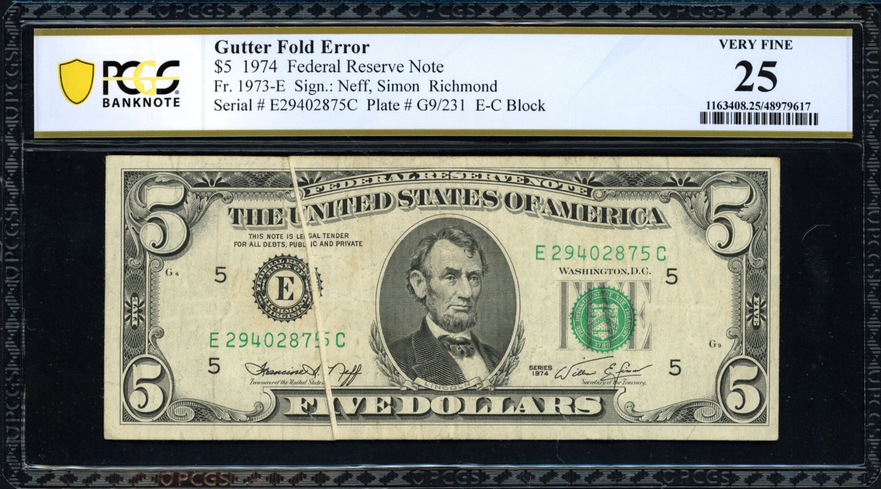 Fr. 1973-E (EC Block) 1974 $5 Richmond Federal Reserve Error Note ...