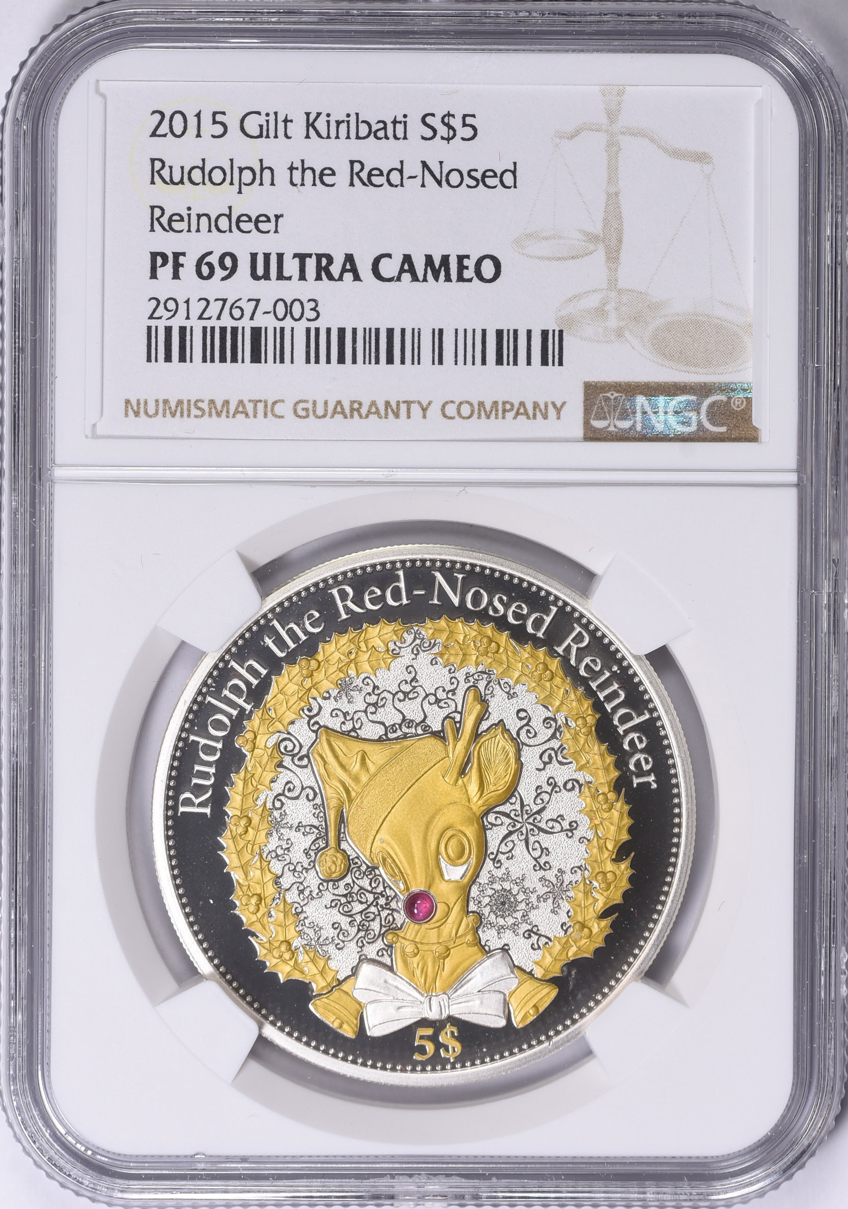 Kiribati 2015 Gilt Silver $5 Rudolph the Red-Nosed Reindeer NGC Proof ...