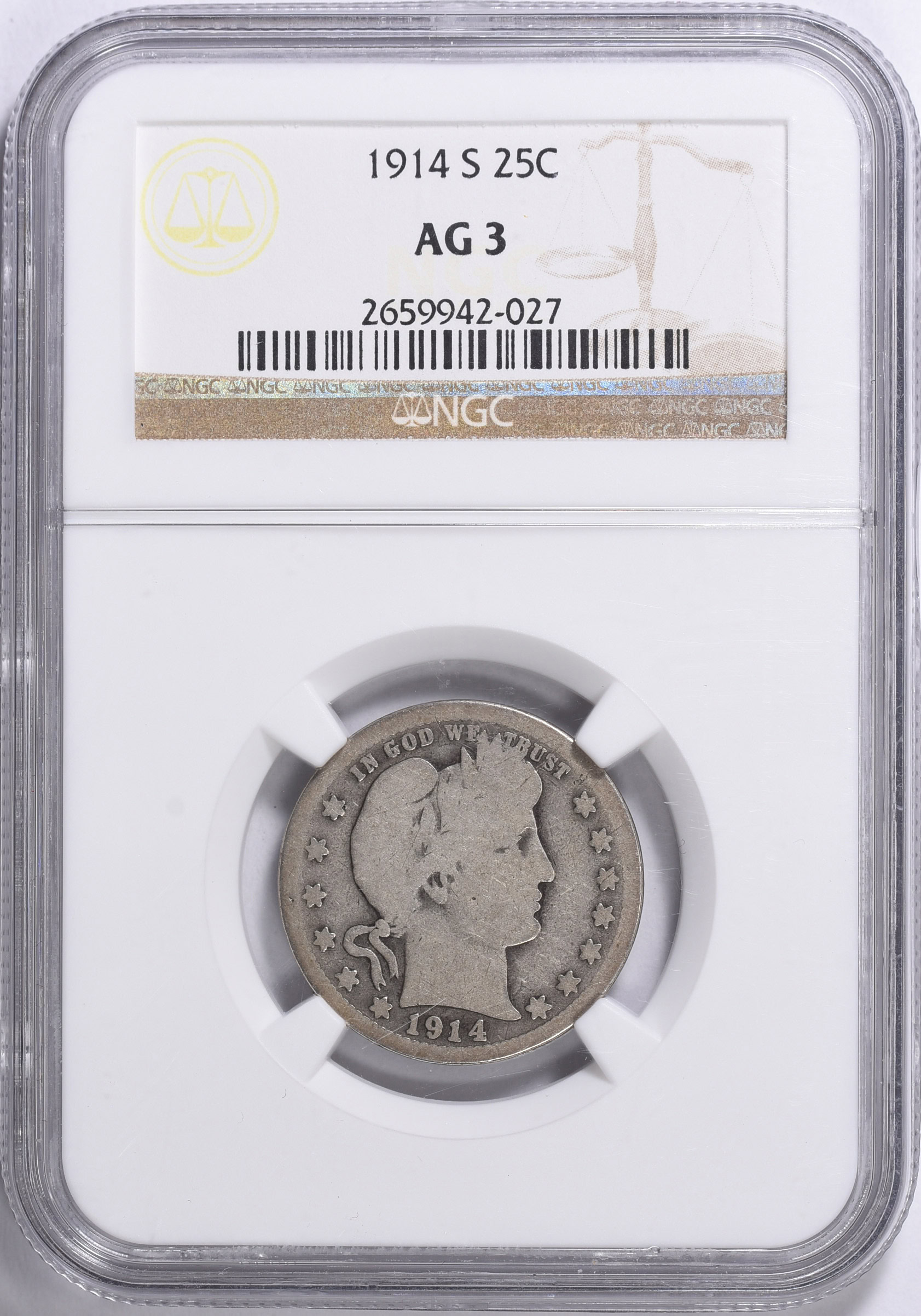 1914-S Barber Quarter NGC AG-03 (Item 1568679) | GreatCollections Coin Auctions