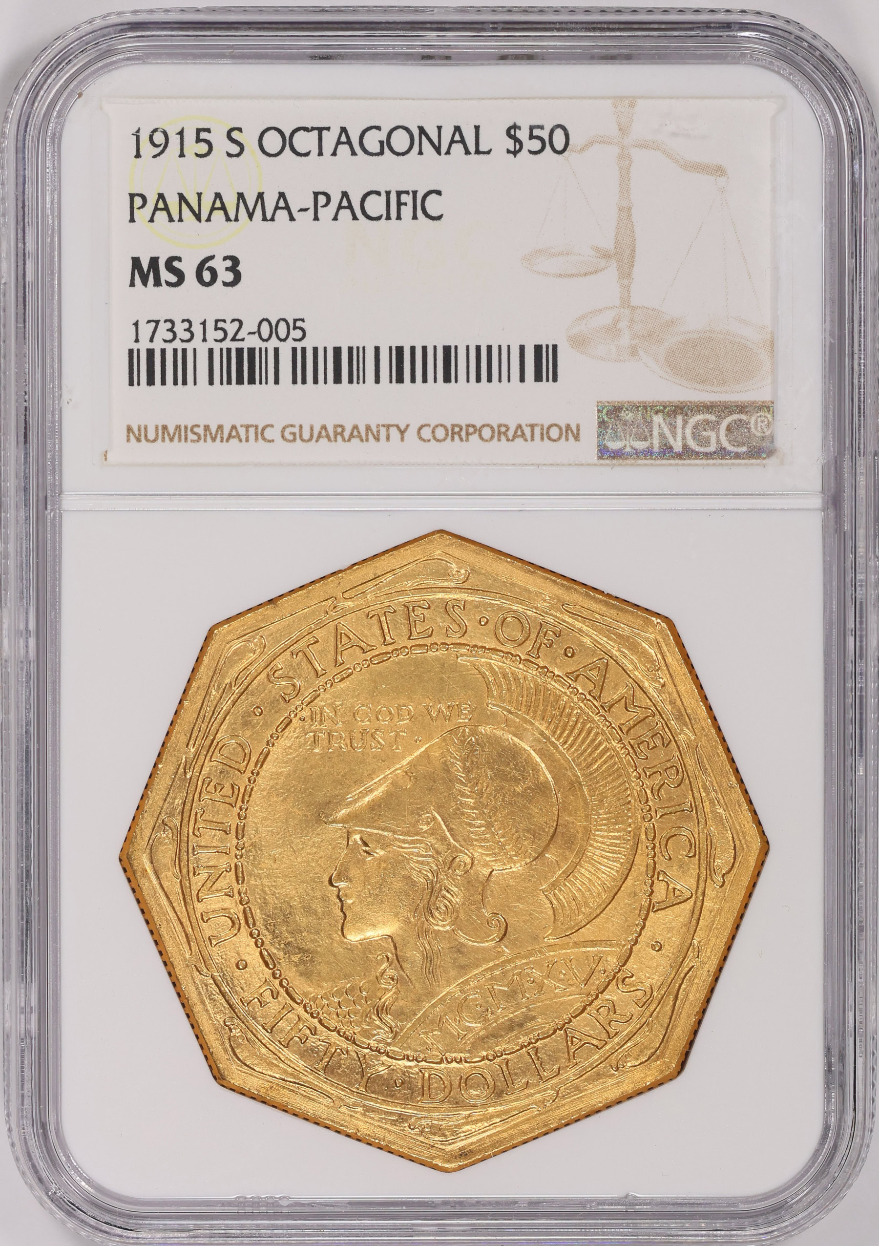 1915-S Panama-Pacific Exposition $50 Gold, Octagonal NGC MS-63 (Item 1568807) | GreatCollections ...