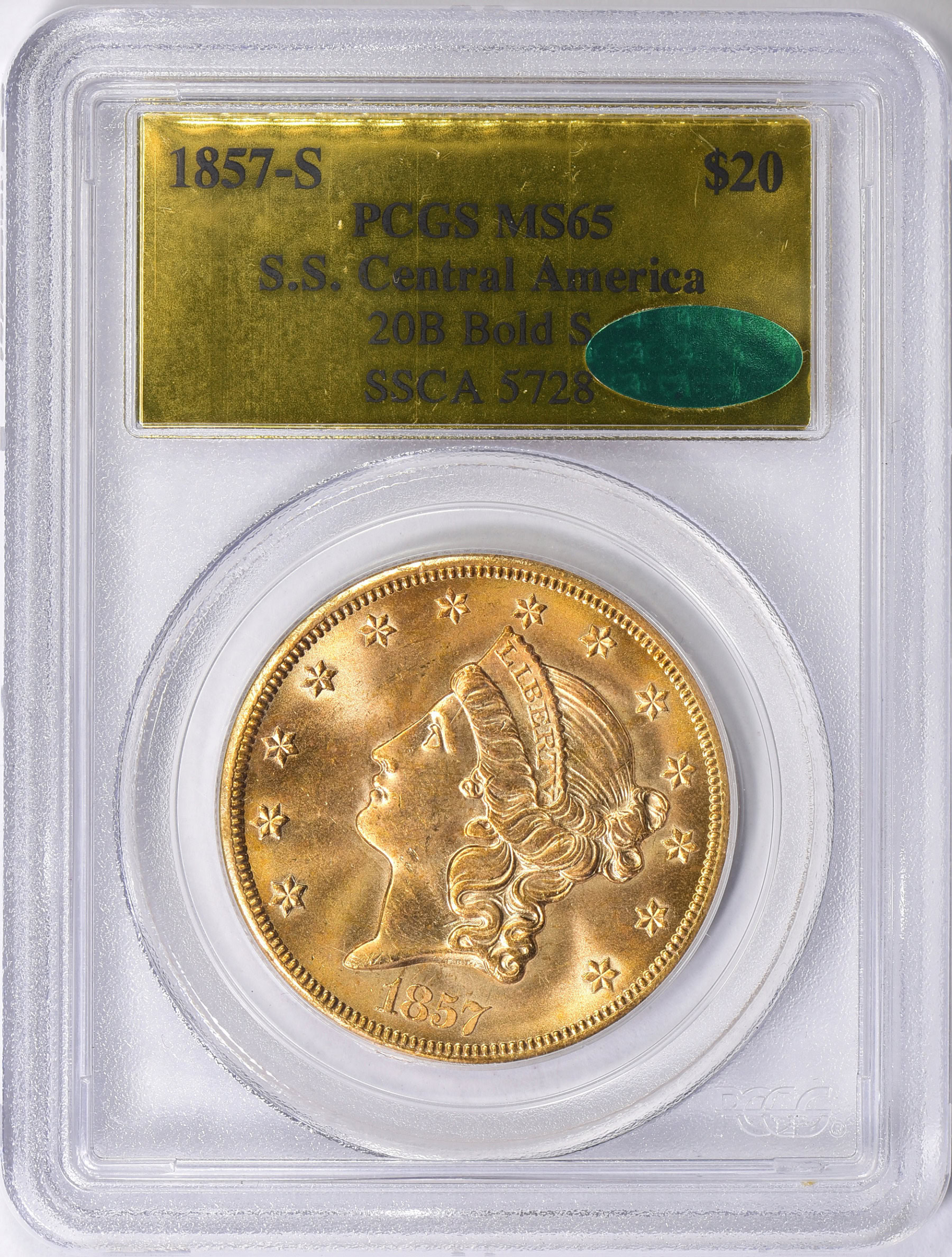 1857-S Liberty Gold Double Eagle 20B Bold S Shipwreck S.S. Central America PCGS MS-65 (Gold Foil ...