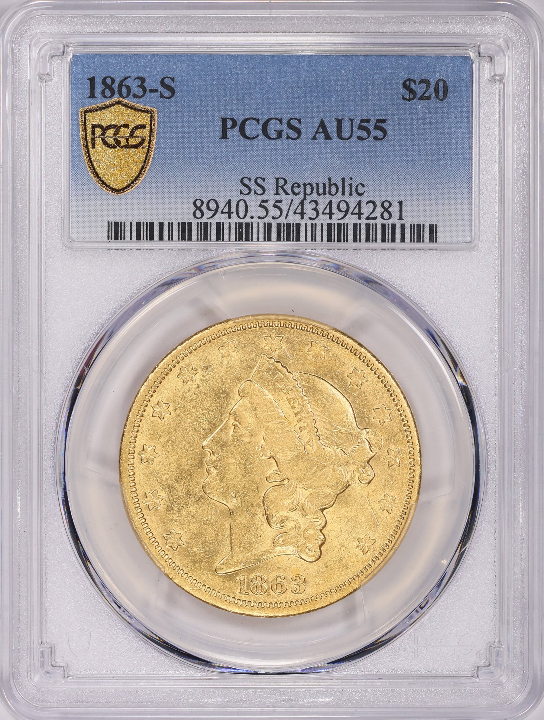 1863-S Liberty Gold Double Eagle Shipwreck S.S. Republic PCGS AU-55 (Item 1569687 ...