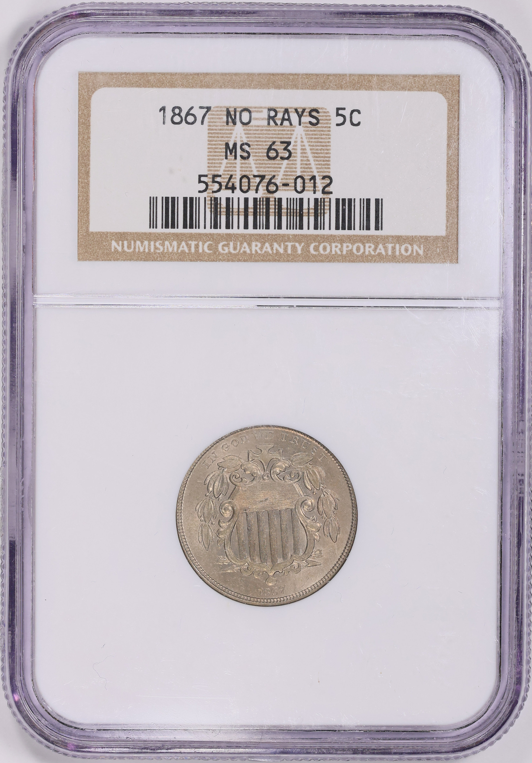 1867 Shield Nickel No Rays NGC MS-63 (Item 1569717) | GreatCollections Coin Auctions