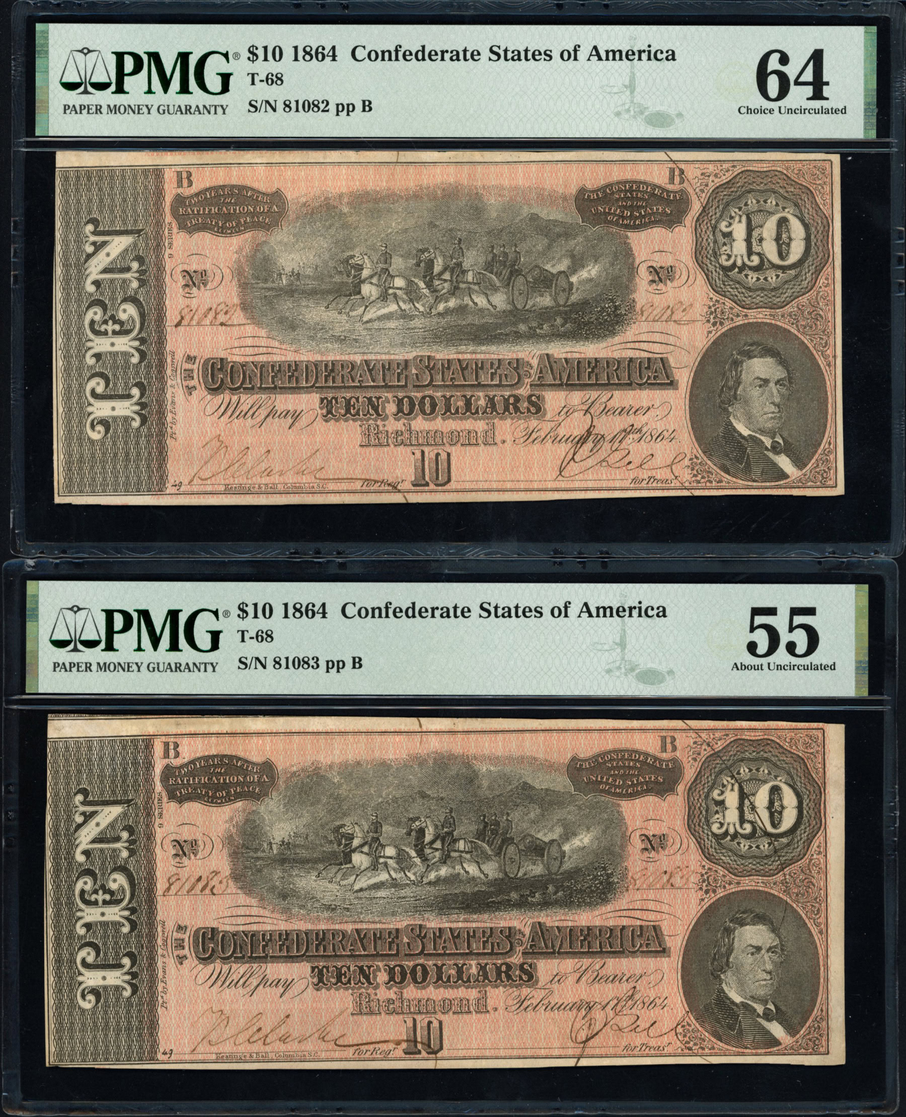 T. 68 Confederate States of America 1864 $10 Notes Sequential Serial ...