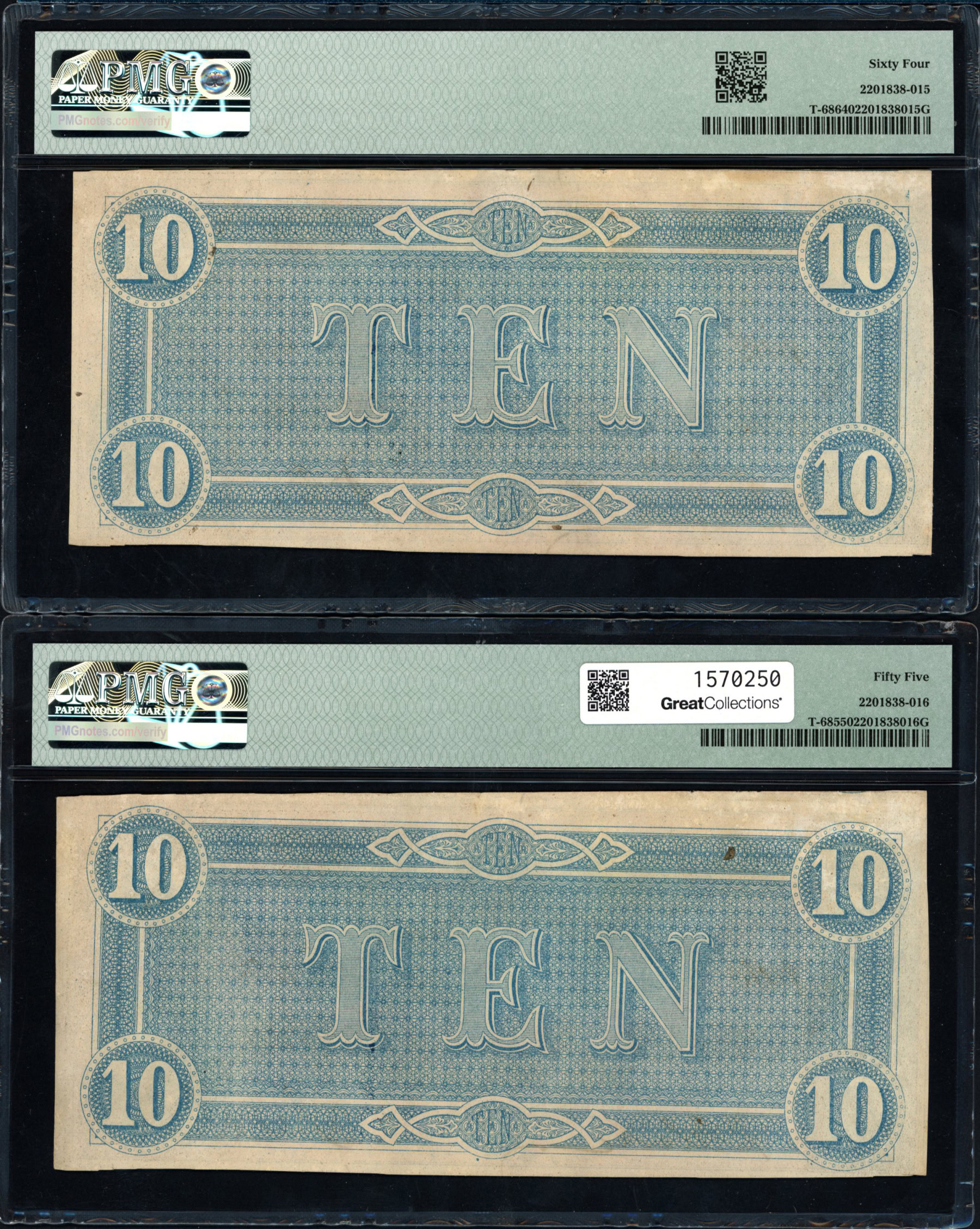 T. 68 Confederate States of America 1864 $10 Notes Sequential Serial ...
