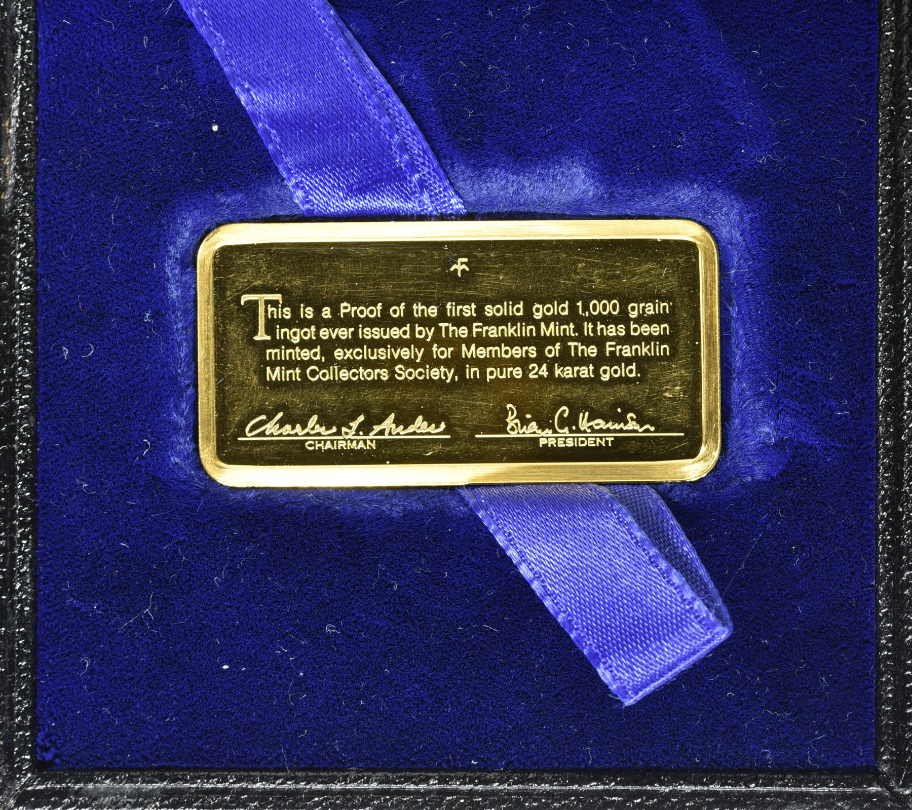 ND Gold 1,000 Grain Franklin Mint Collector's Society Proof Ingot/Bar ...