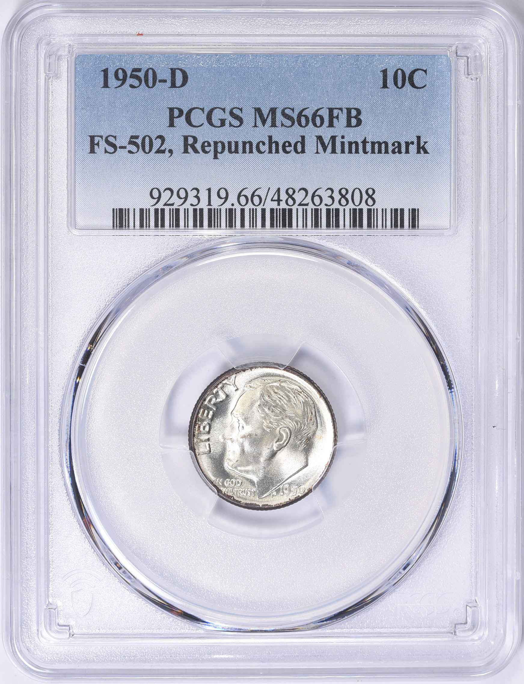 1950-D Roosevelt Dime Repunched Mintmark FS-502 PCGS MS-66 FB | PCGS Cert #48263808 ...