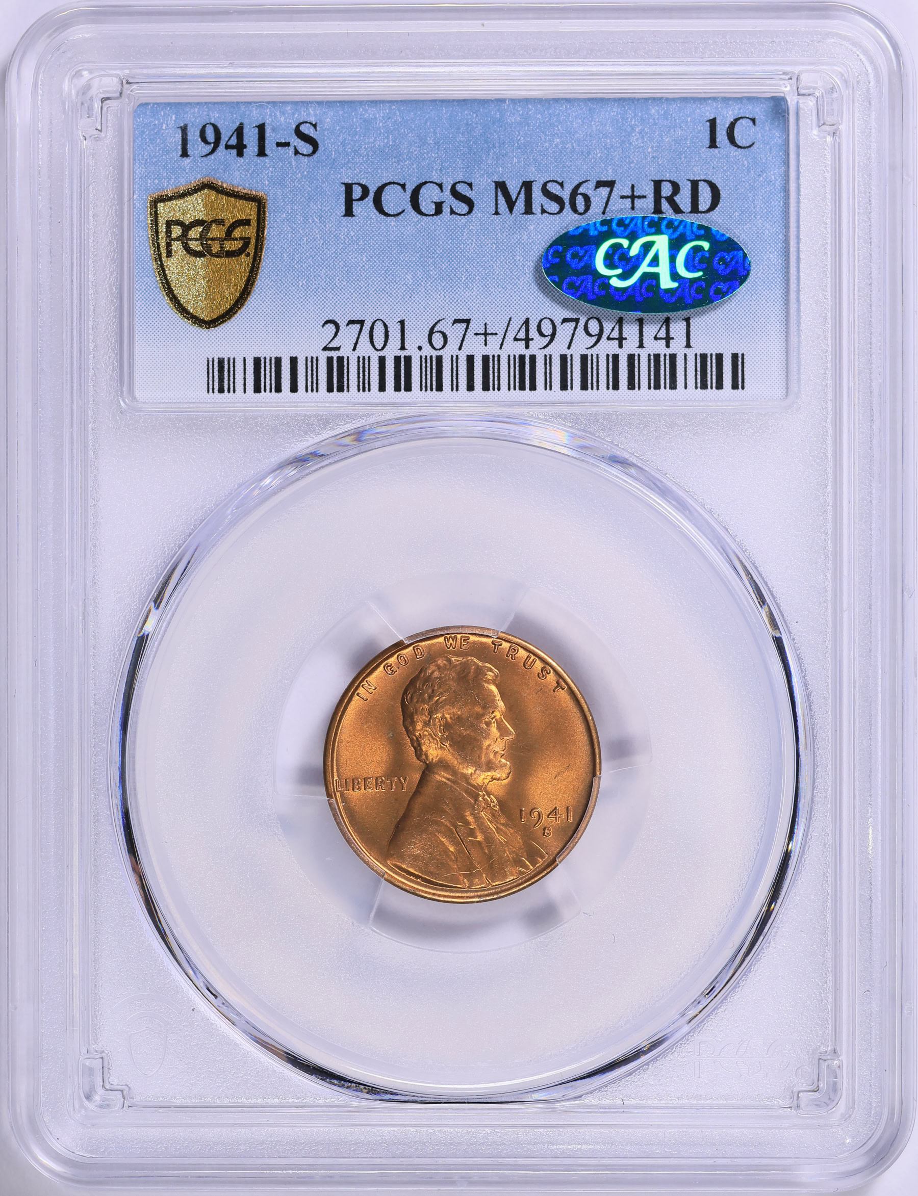 1941-S Lincoln Cent PCGS MS-67+ RD (CAC Green) (Item 1571686) | GreatCollections Coin Auctions