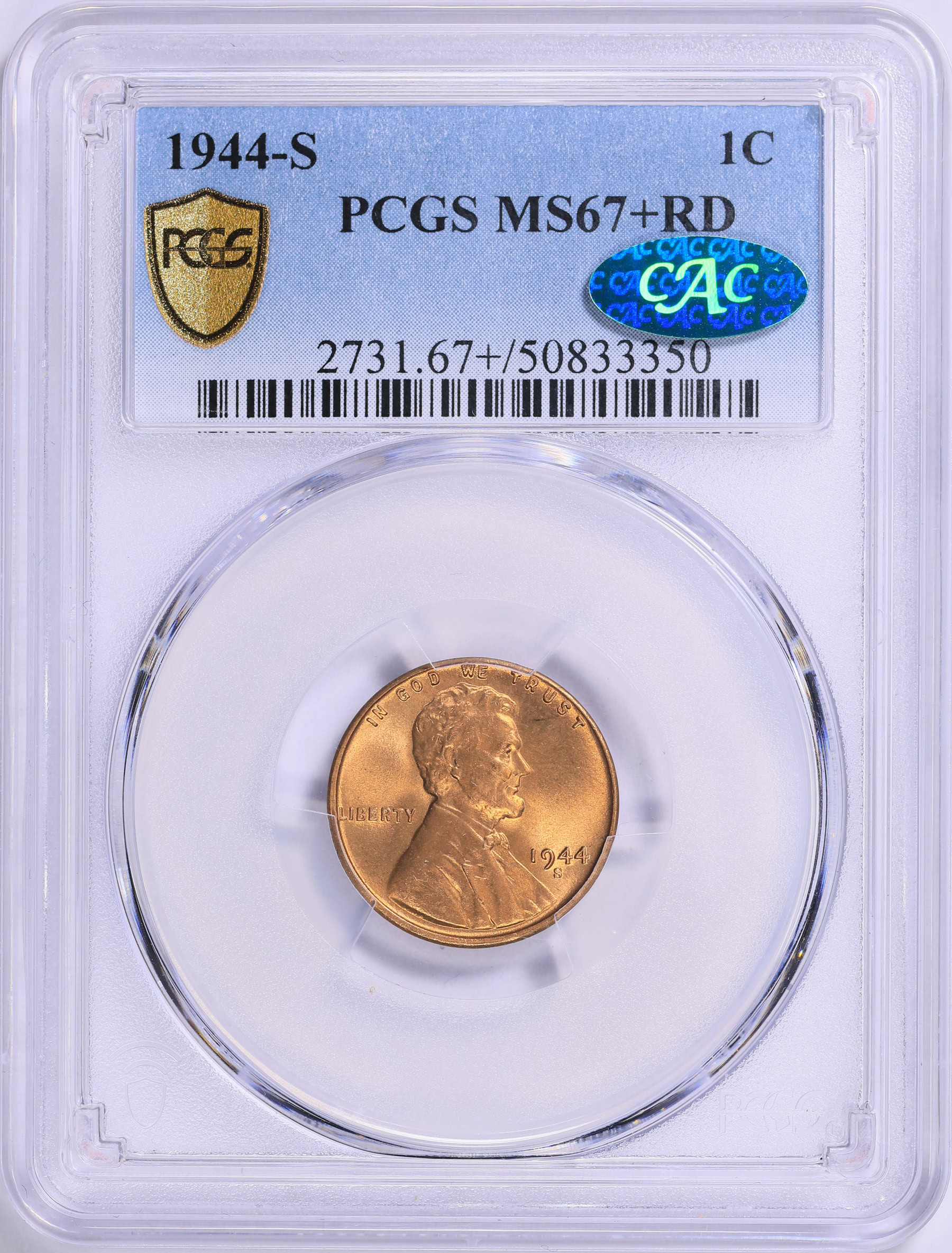 1944-S Lincoln Cent PCGS MS-67+ RD (CAC Green) (Item 1571694) | GreatCollections Coin Auctions