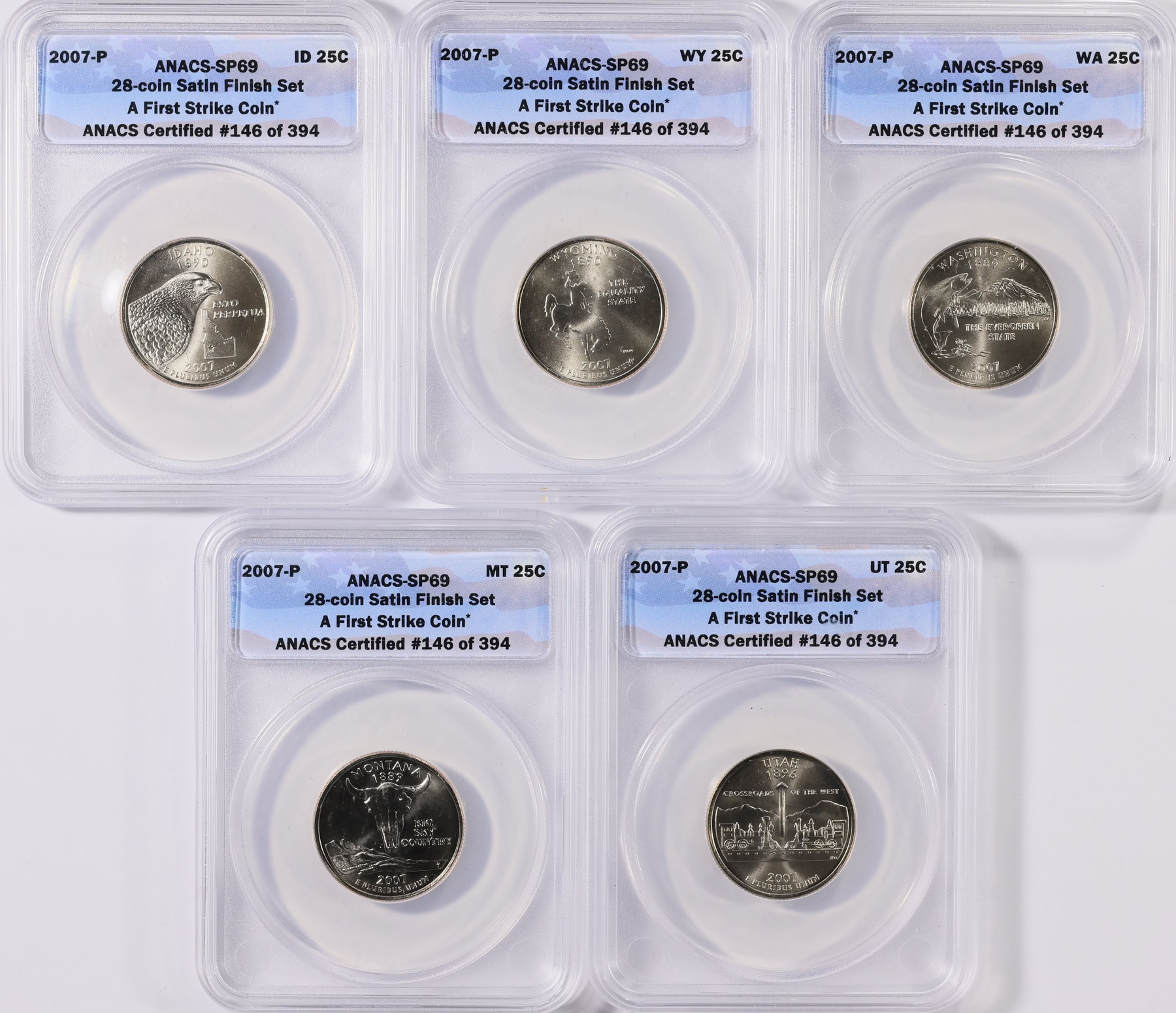 2007-P State Quarter Set Satin Finish First Strike ANACS SP-69 (5 Coins ...